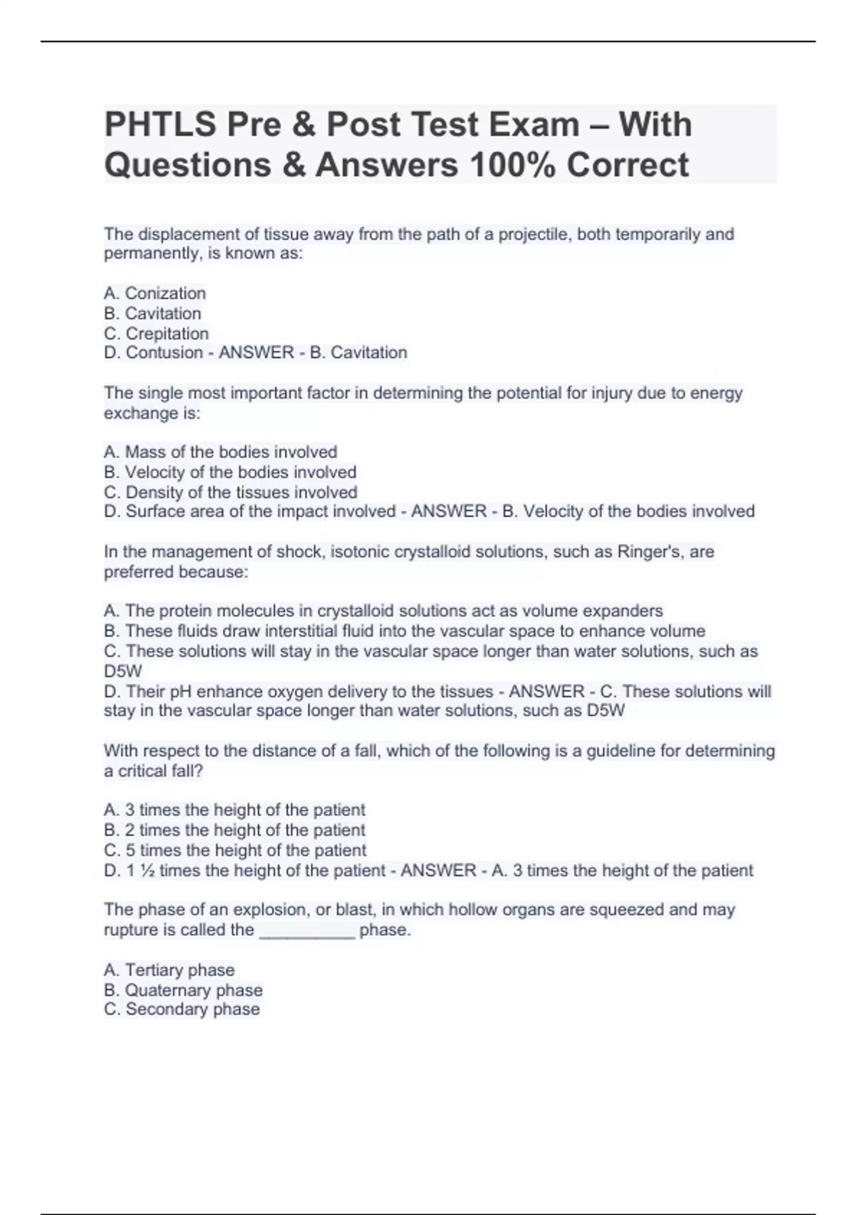 Prehospital Trauma Life Support (PHTLS) Tests BUNDLE with Complete ...
