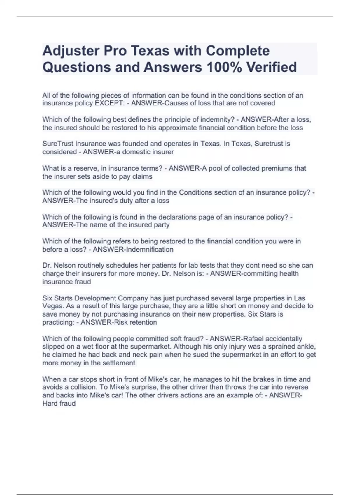 Adjuster Pro Texas with Complete Questions and Answers 100% Verified ...