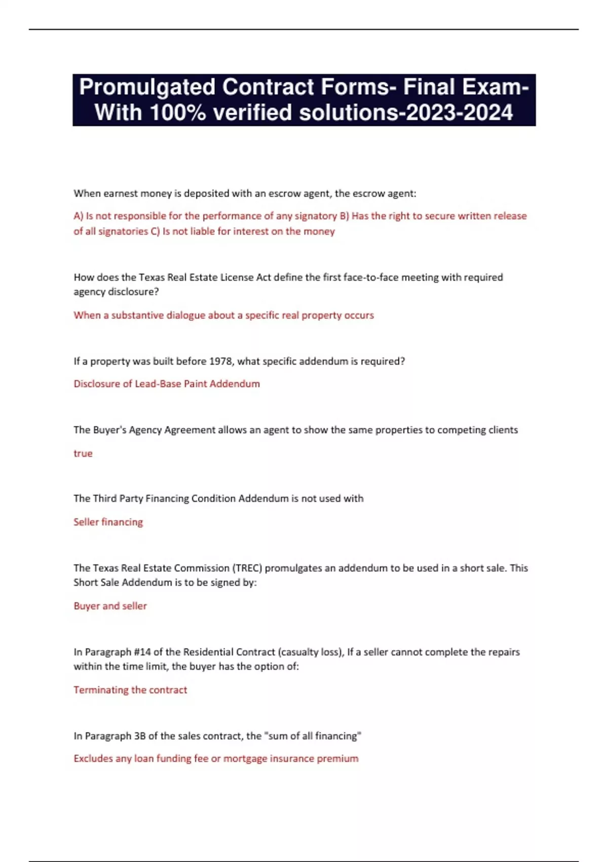 Promulgated Contract Forms- Final Exam-With 100% verified solutions ...