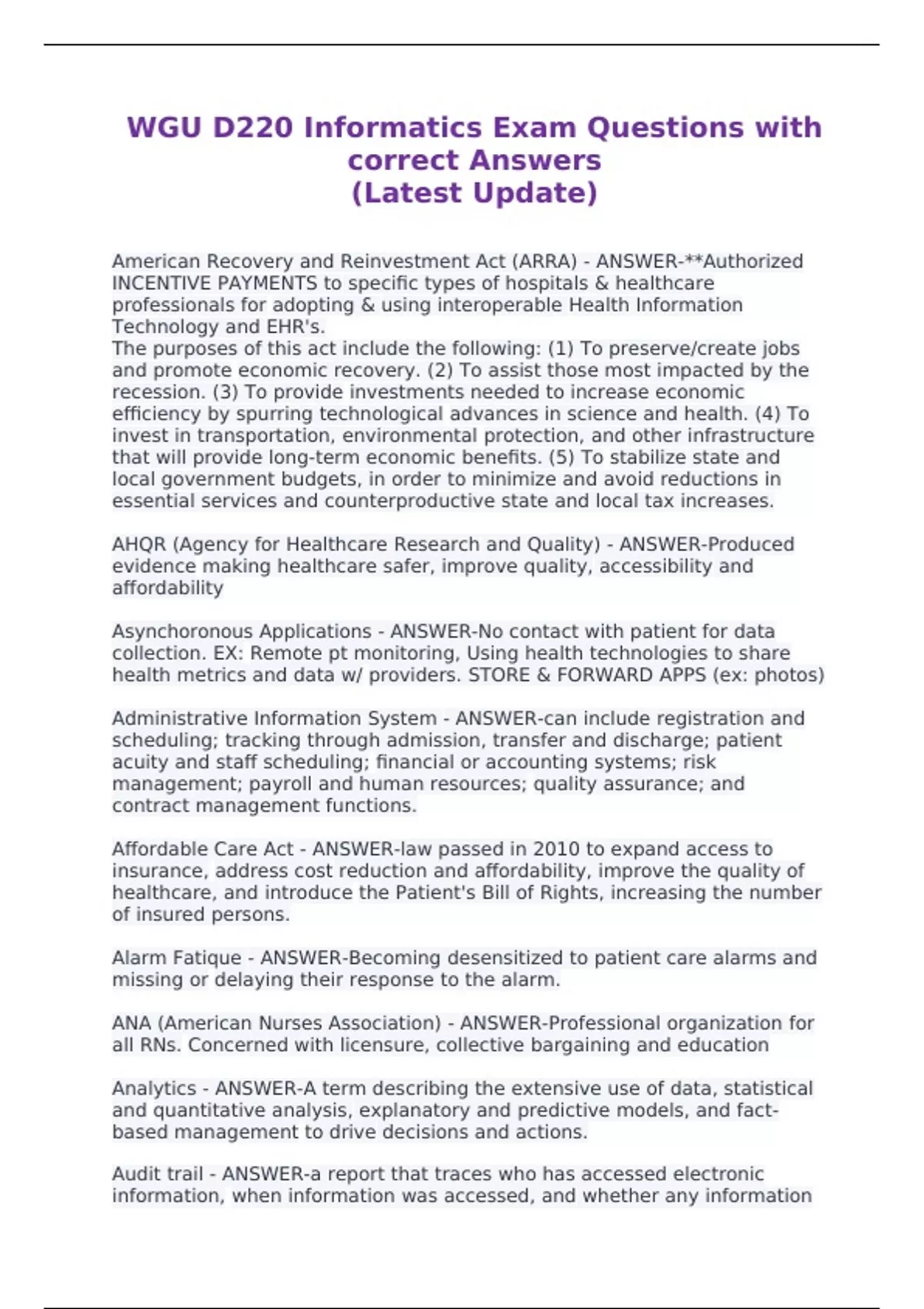 WGU D220 Informatics Exam Questions with correct Answers (Latest Update ...