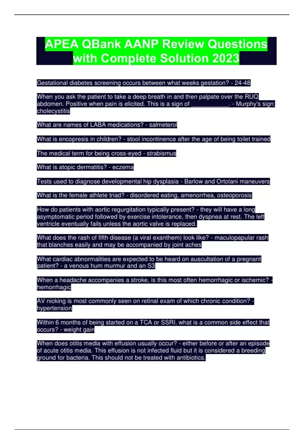 APEA QBank AANP Review Questions with Complete Solution 2023 - APEA - Stuvia US