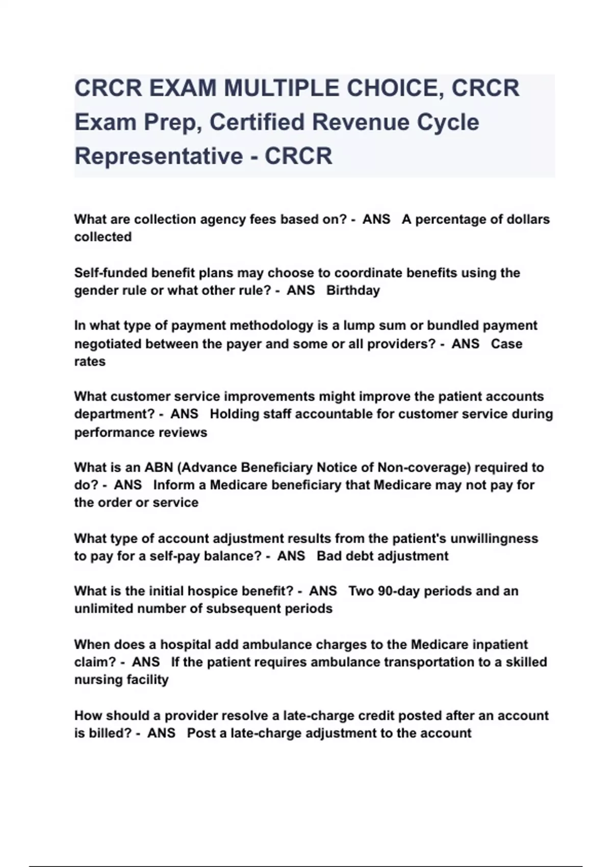 CRCR EXAM MULTIPLE CHOICE, CRCR Exam Prep, Certified Revenue Cycle ...