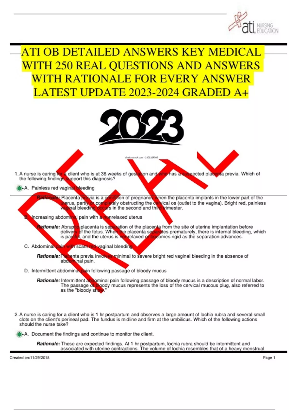 ATI OB DETAILED ANSWERS KEY MEDICAL WITH 250 REAL QUESTIONS AND ANSWERS ...