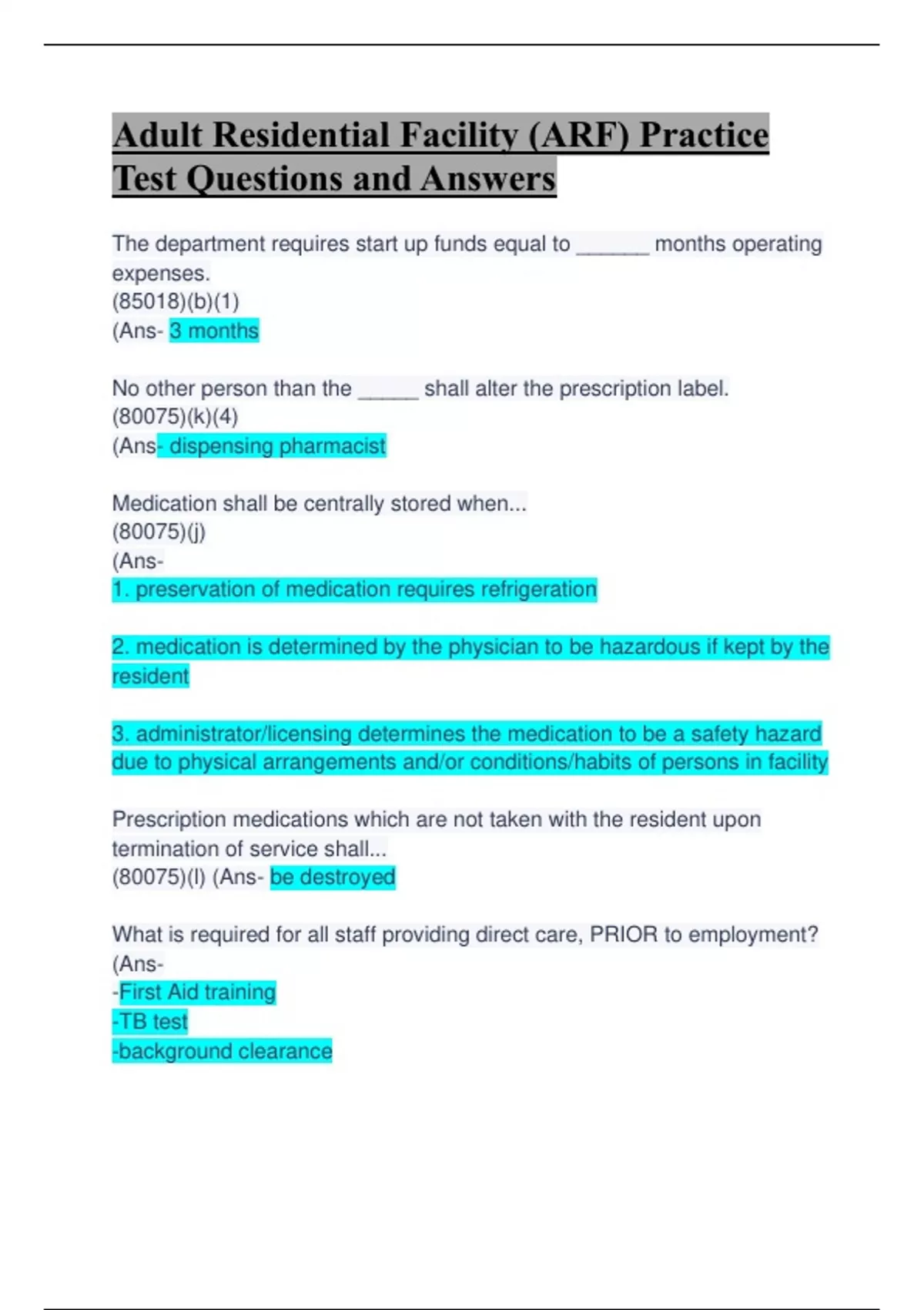 Adult Residential Facility (ARF) Practice TesT; ARF:Adult Residential ...