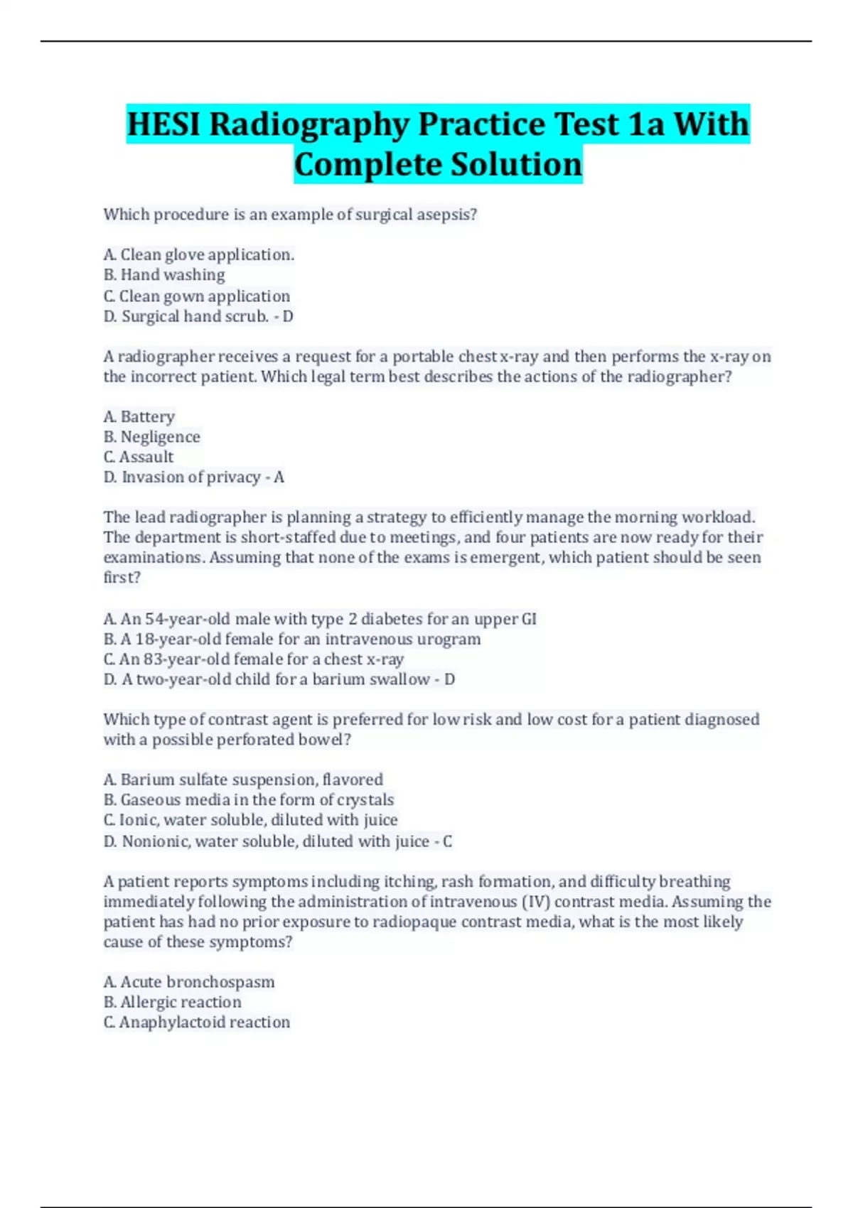 HESI Radiography Practice Test 1a With Complete Solution - Radiography ...