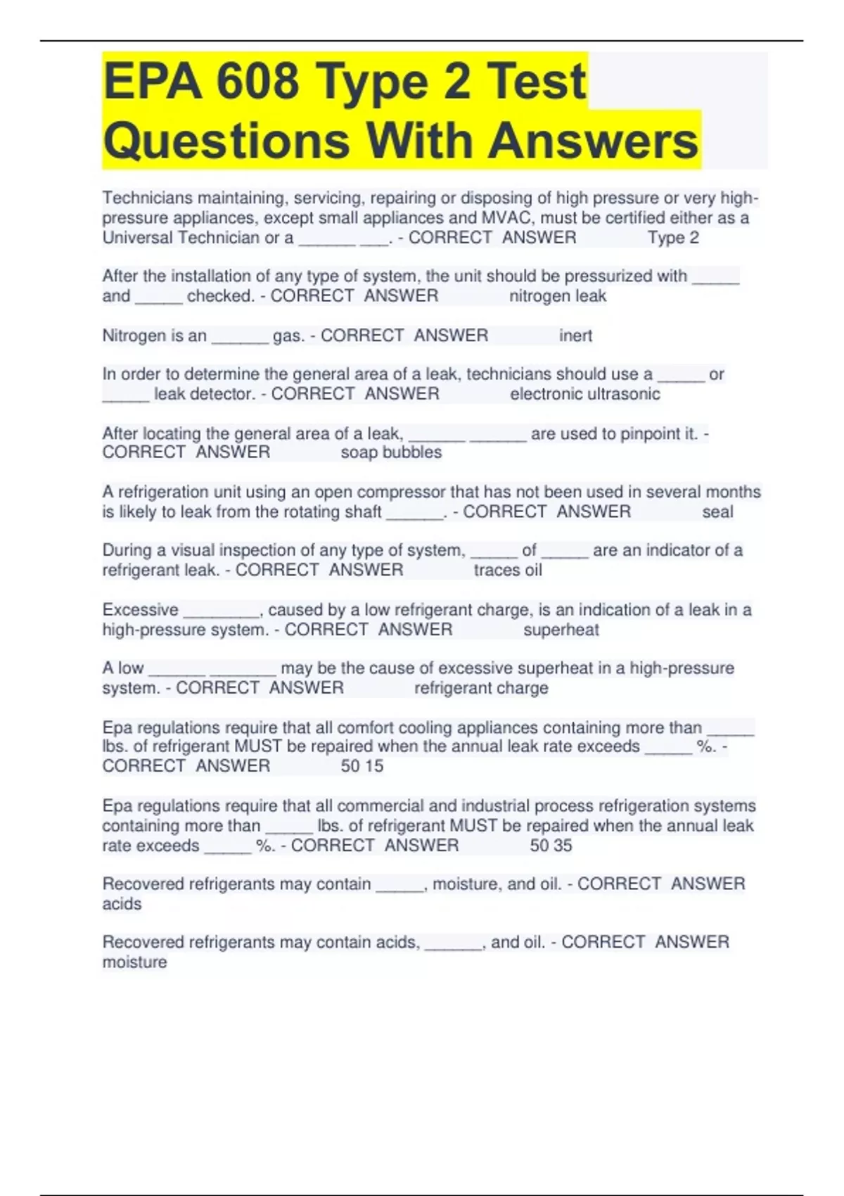 EPA 608 Type 2 Test Questions With Answers - EPA 608 - Stuvia US