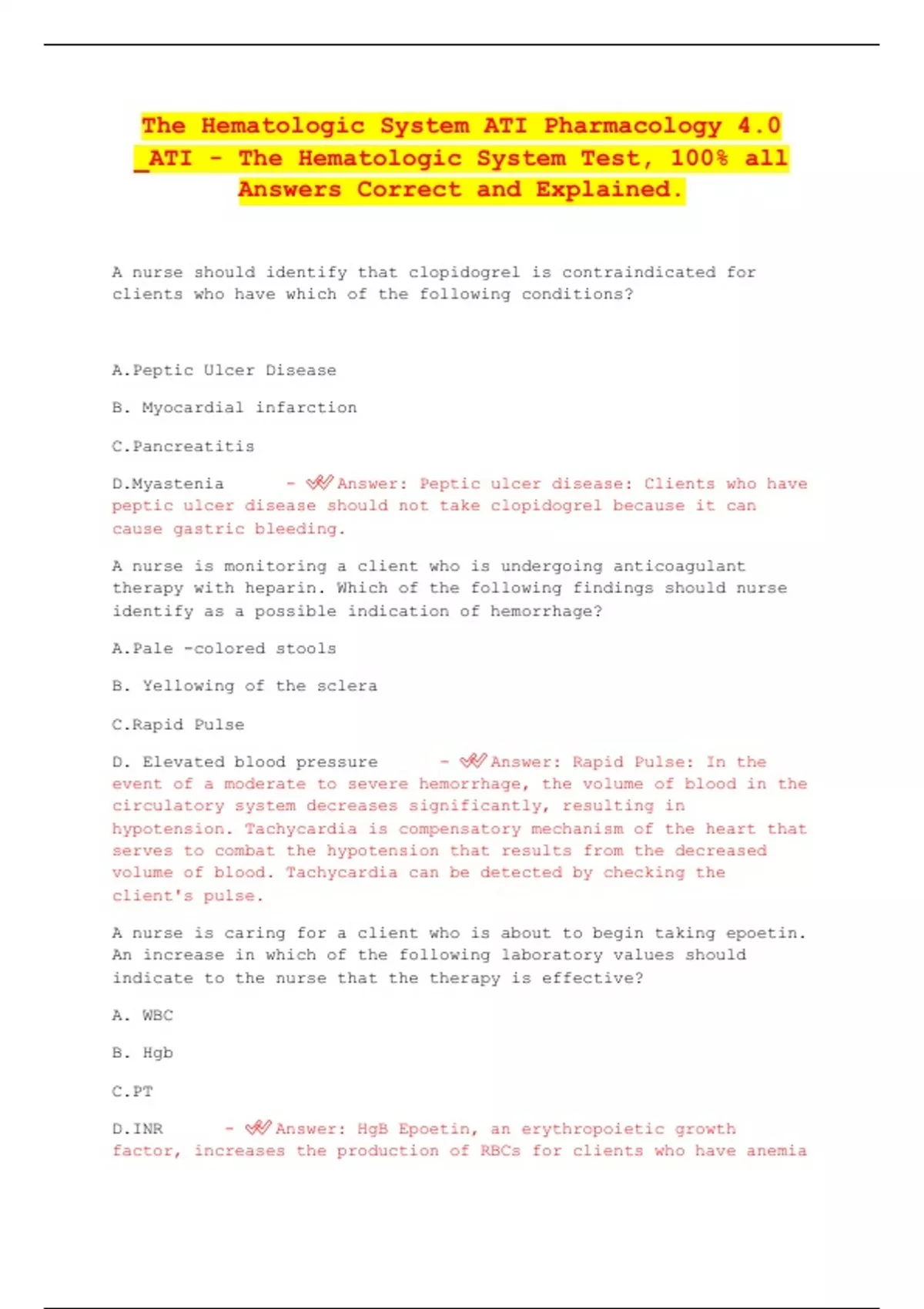 The Hematologic System ATI Pharmacology 4.0 _ATI - The Hematologic ...