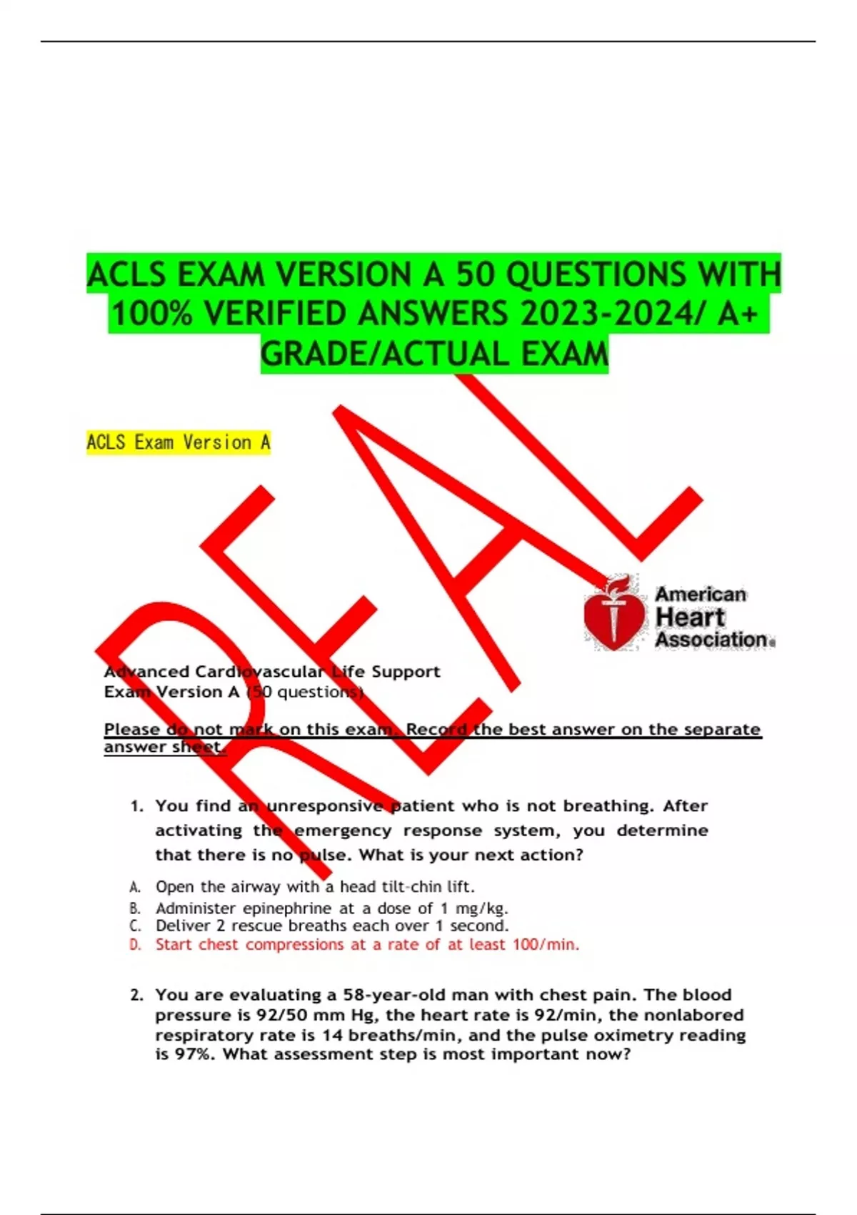 ACLS EXAM VERSION A 50 QUESTIONS WITH 100% VERIFIED ANSWERS / A+ GRADE ...
