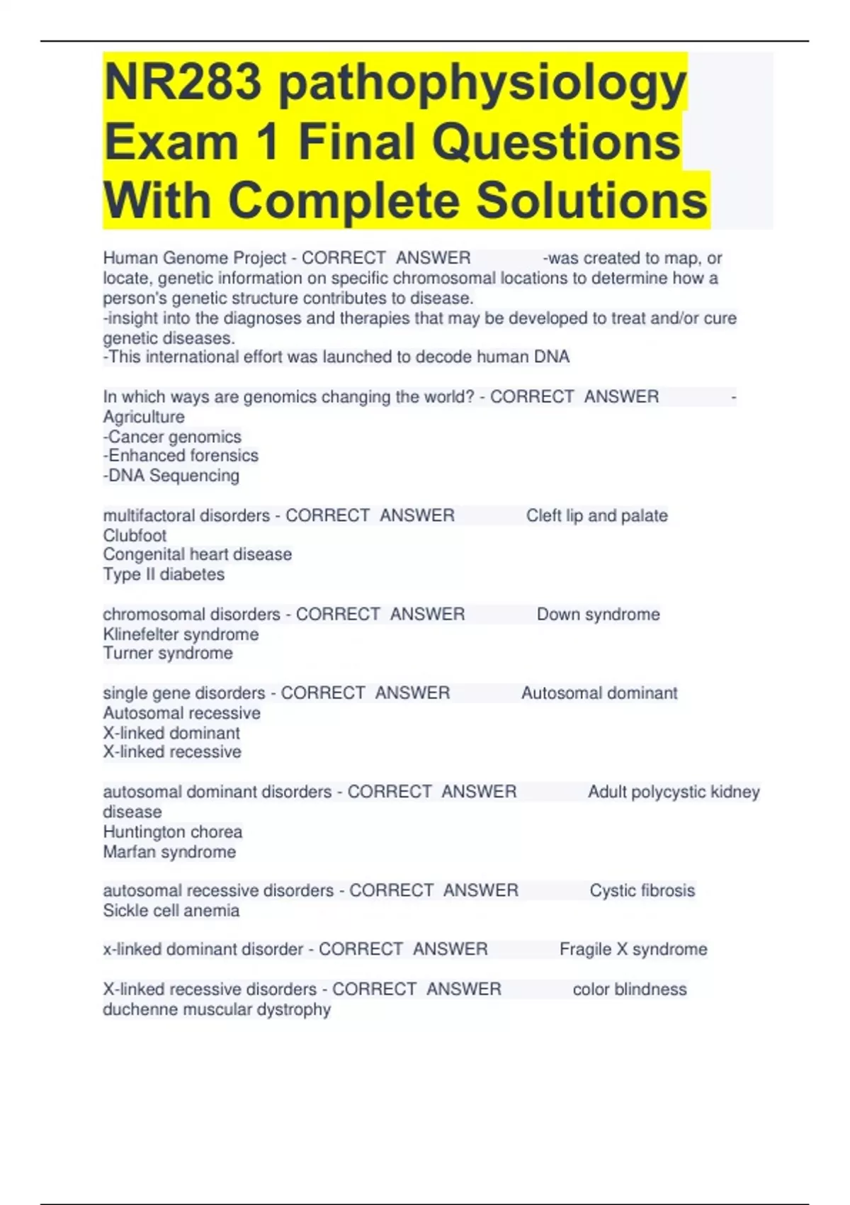 NR283 pathophysiology Exam 1 Final Questions With Complete Solutions ...