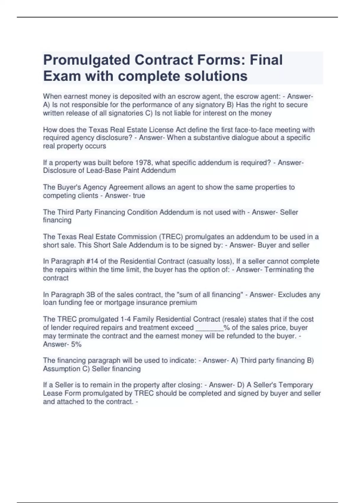 Promulgated Contract Forms: Final Exam with complete solutions ...