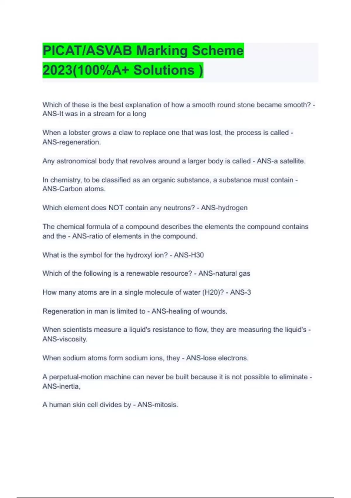 PICAT/ASVAB Marking Scheme 2023(100%A+ Solutions ) - PICAT/ASVAB 2023 ...