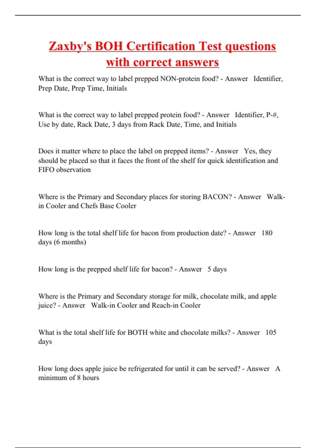 Zaxby's BOH Certification Test questions with correct answers - Zaxby ...