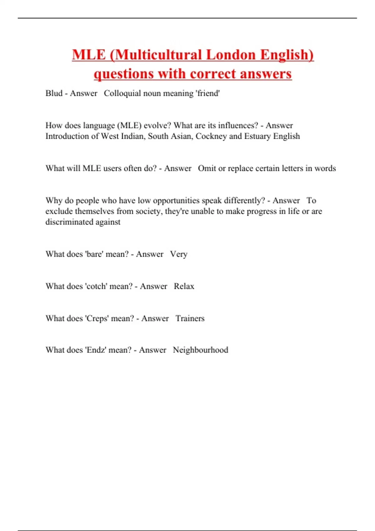 MLE (Multicultural London English) questions with correct answers - MLE ...