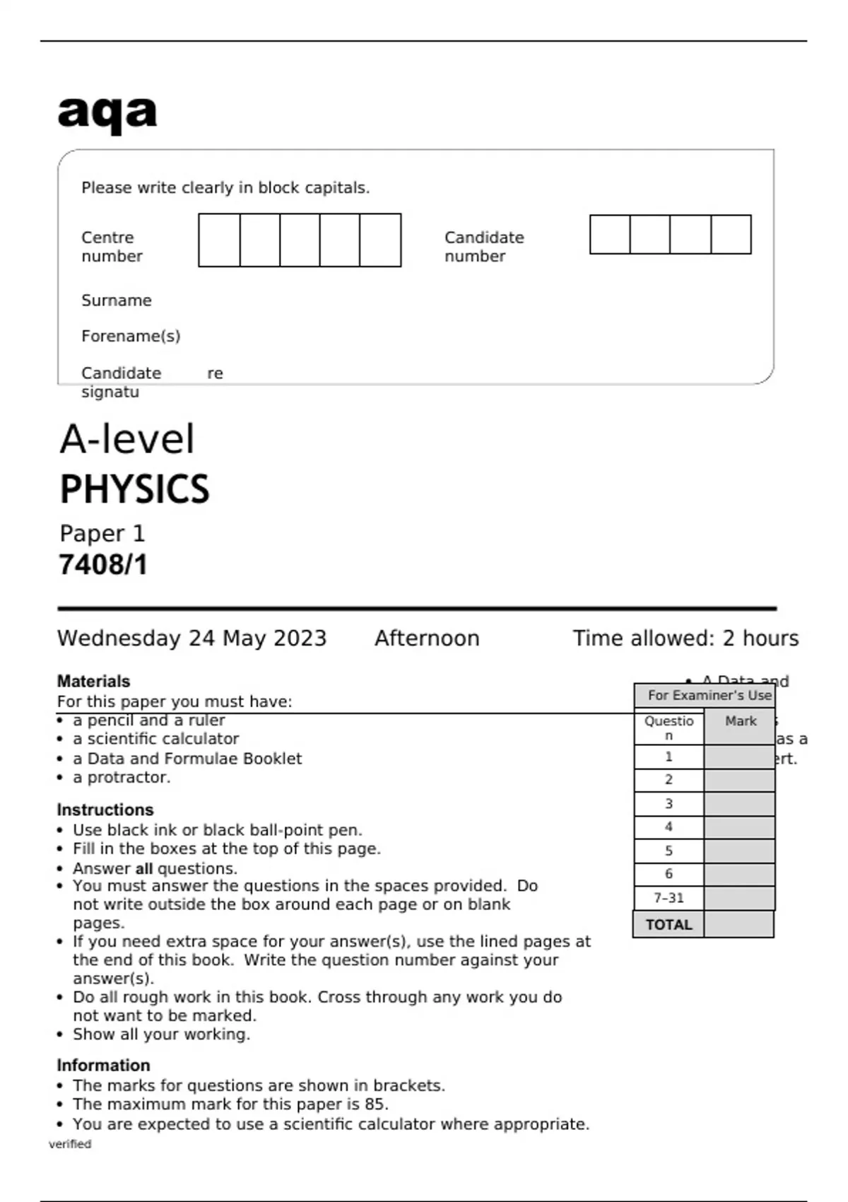 Aqa A level Physics 7408/1 Question Paper and Mark Scheme June2023 - Stuvia US