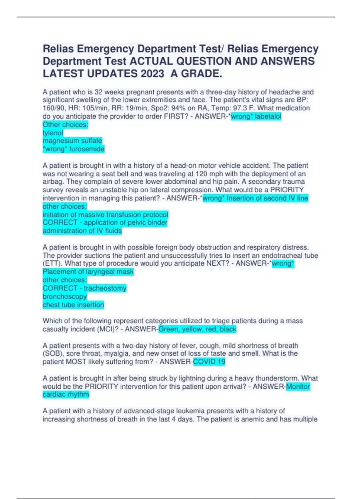 Relias Emergency Department Test/ Relias Emergency Department Test ...