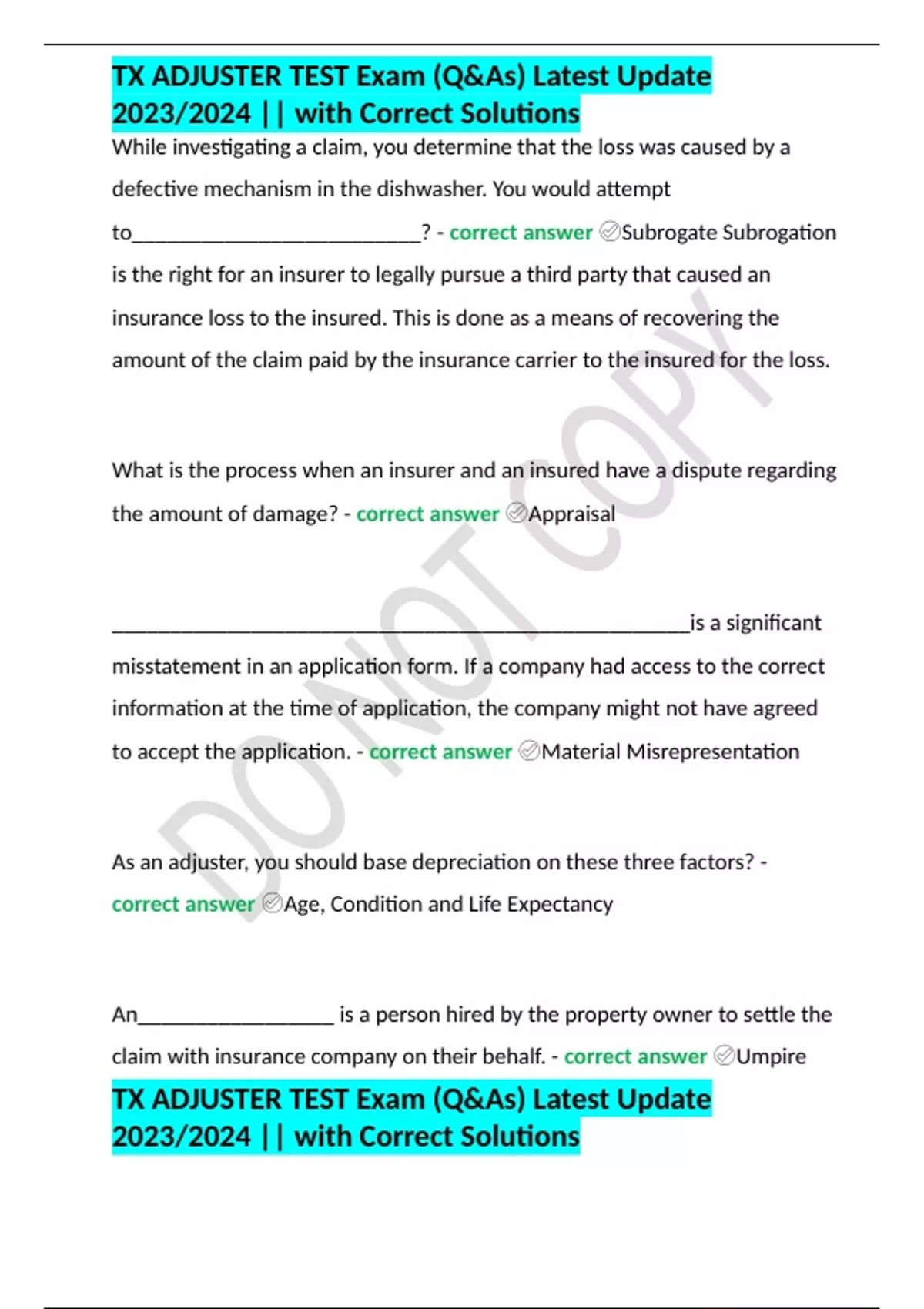 TX ADJUSTER TEST Exam (Q&As) Latest Update 2023 || with Correct ...