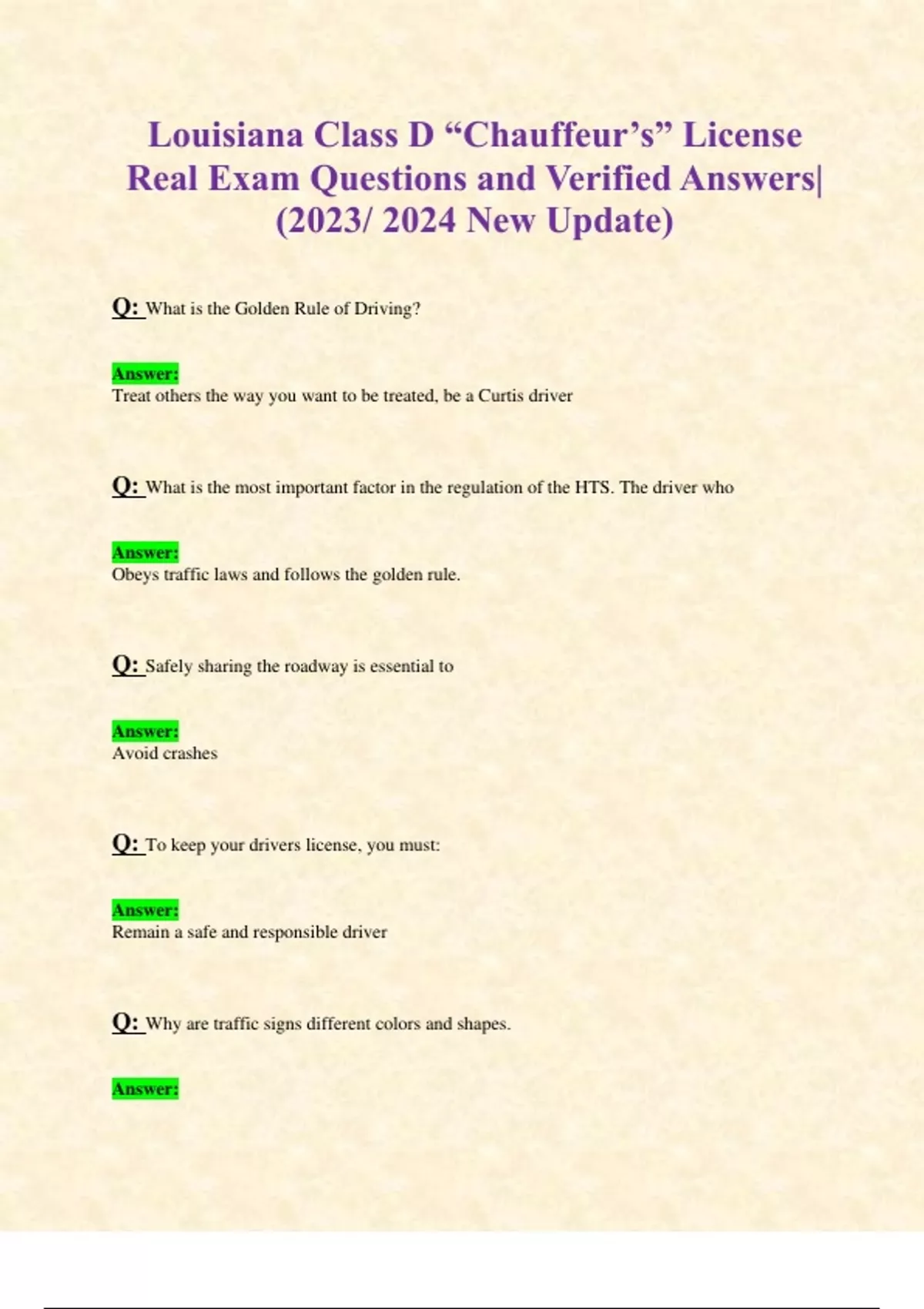 Louisiana Class D “Chauffeur’s” License Real Exam Questions and ...