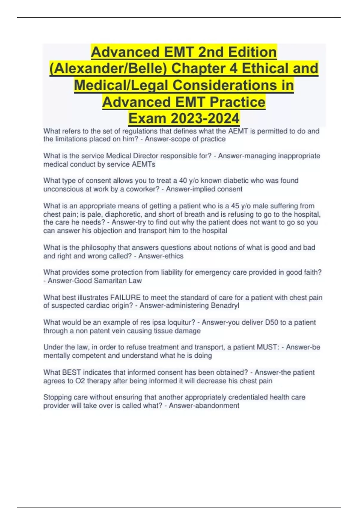 Advanced EMT 2nd Edition (Alexander/Belle) Chapter 4 Ethical and Medical/Legal Considerations in ...
