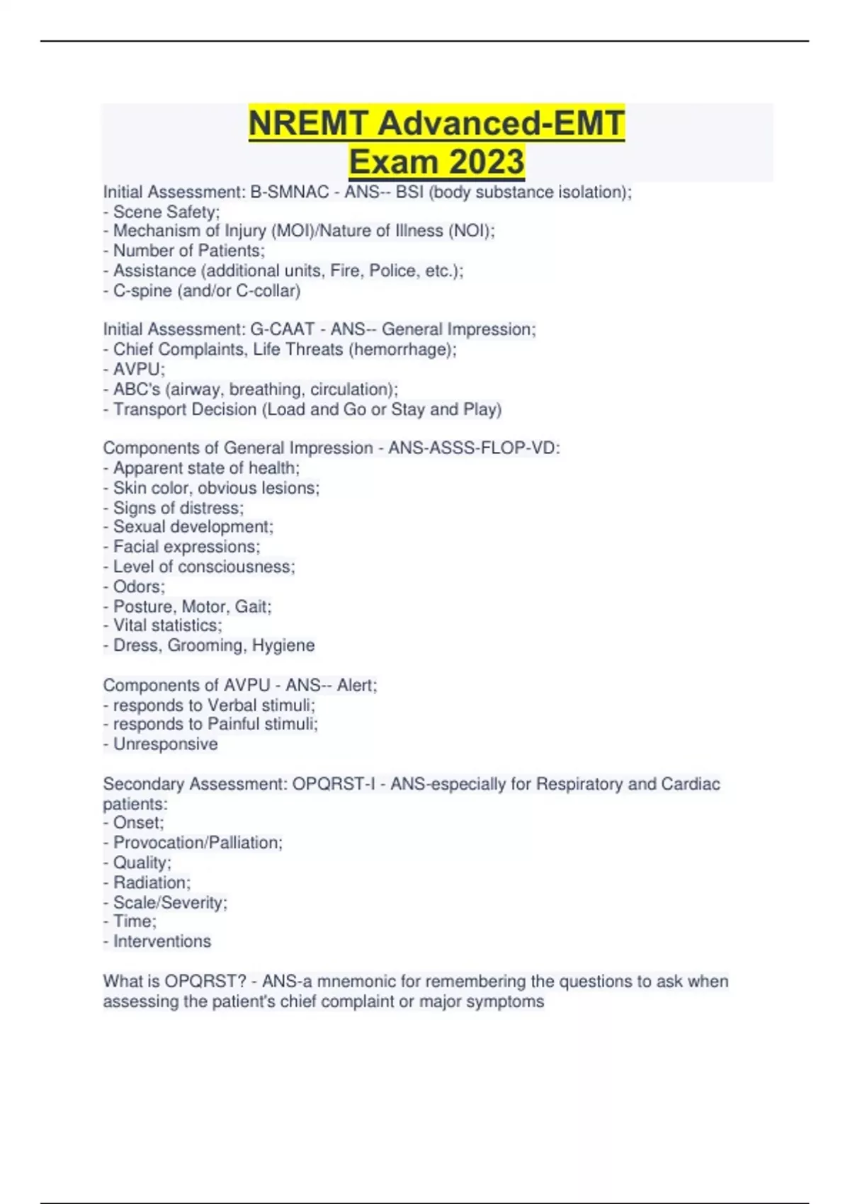 NREMT Advanced-EMT Exam 2023 - NREMT Advanced-EMT Exm 2023 - Stuvia US