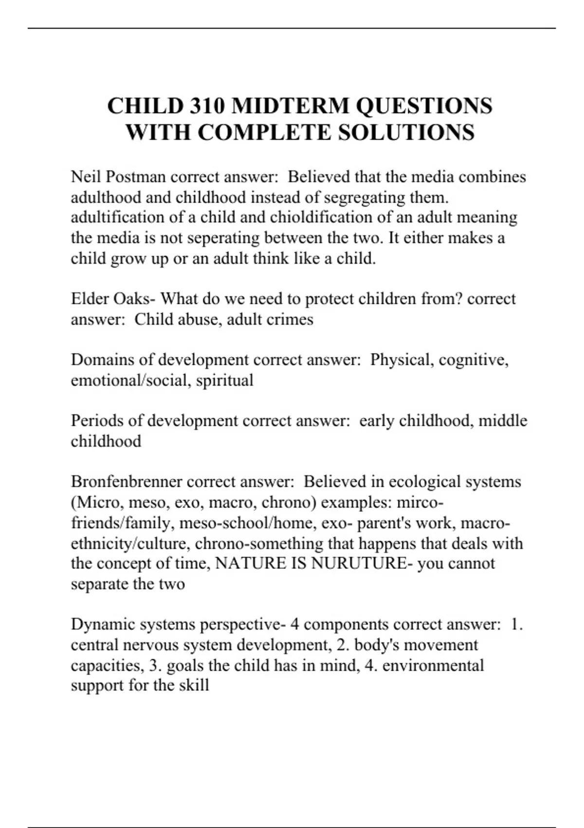 CHILD 310 MIDTERM QUESTIONS WITH COMPLETE SOLUTIONS - CHILD 310 - Stuvia US