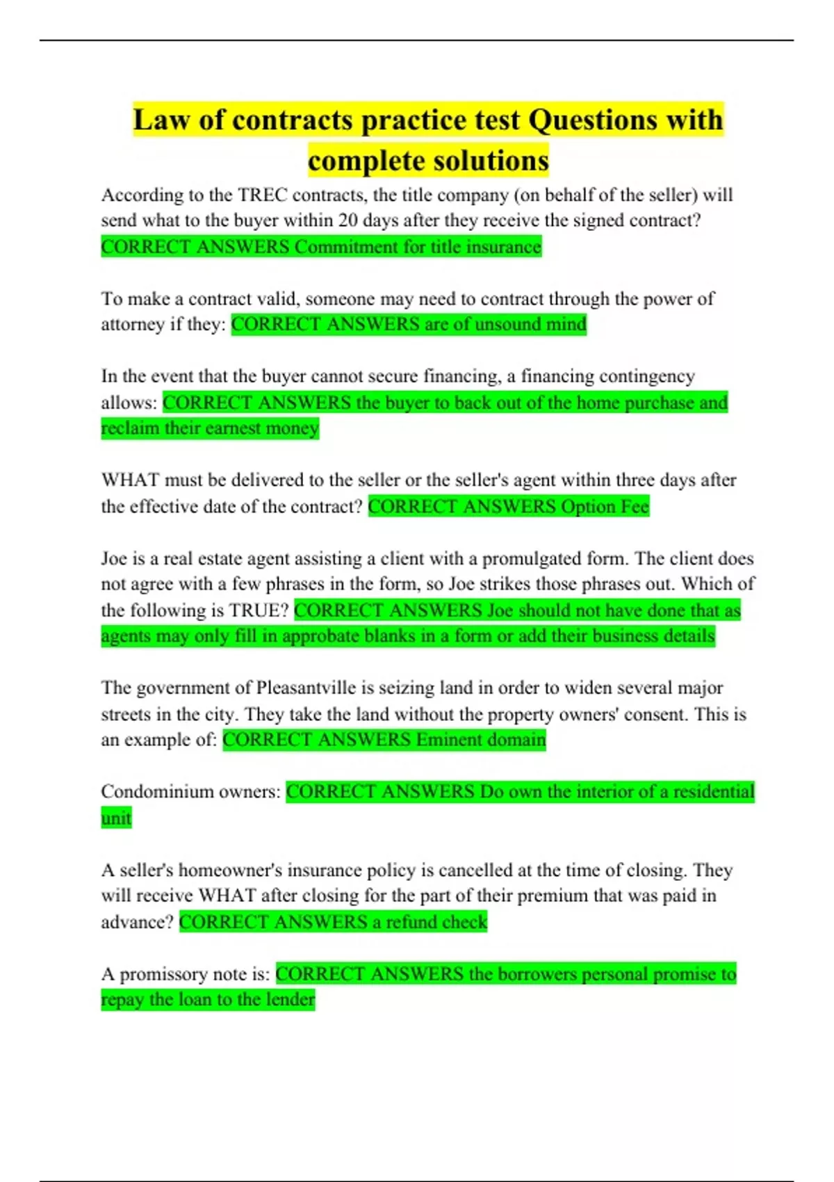 Law of contracts practice test Questions with complete solutions - Laws ...