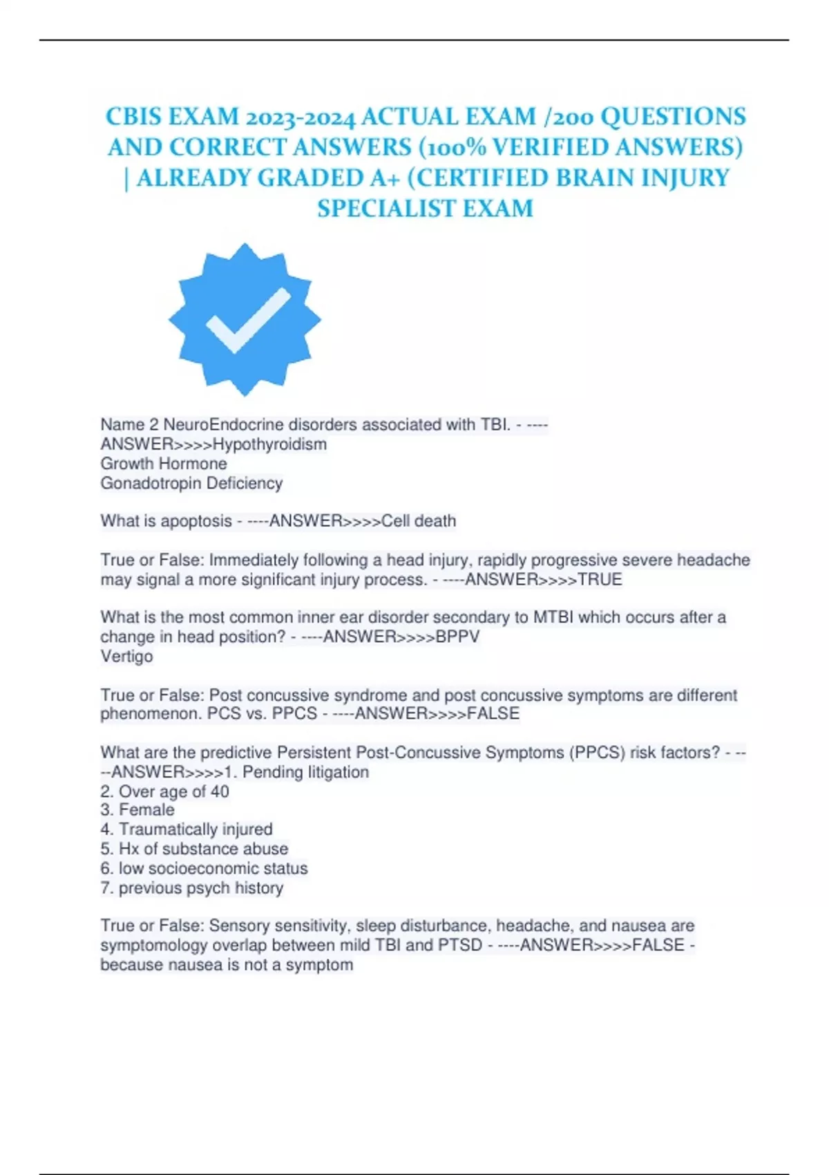 CBIS EXAM ACTUAL EXAM /200 QUESTIONS AND CORRECT ANSWERS (100% VERIFIED ...