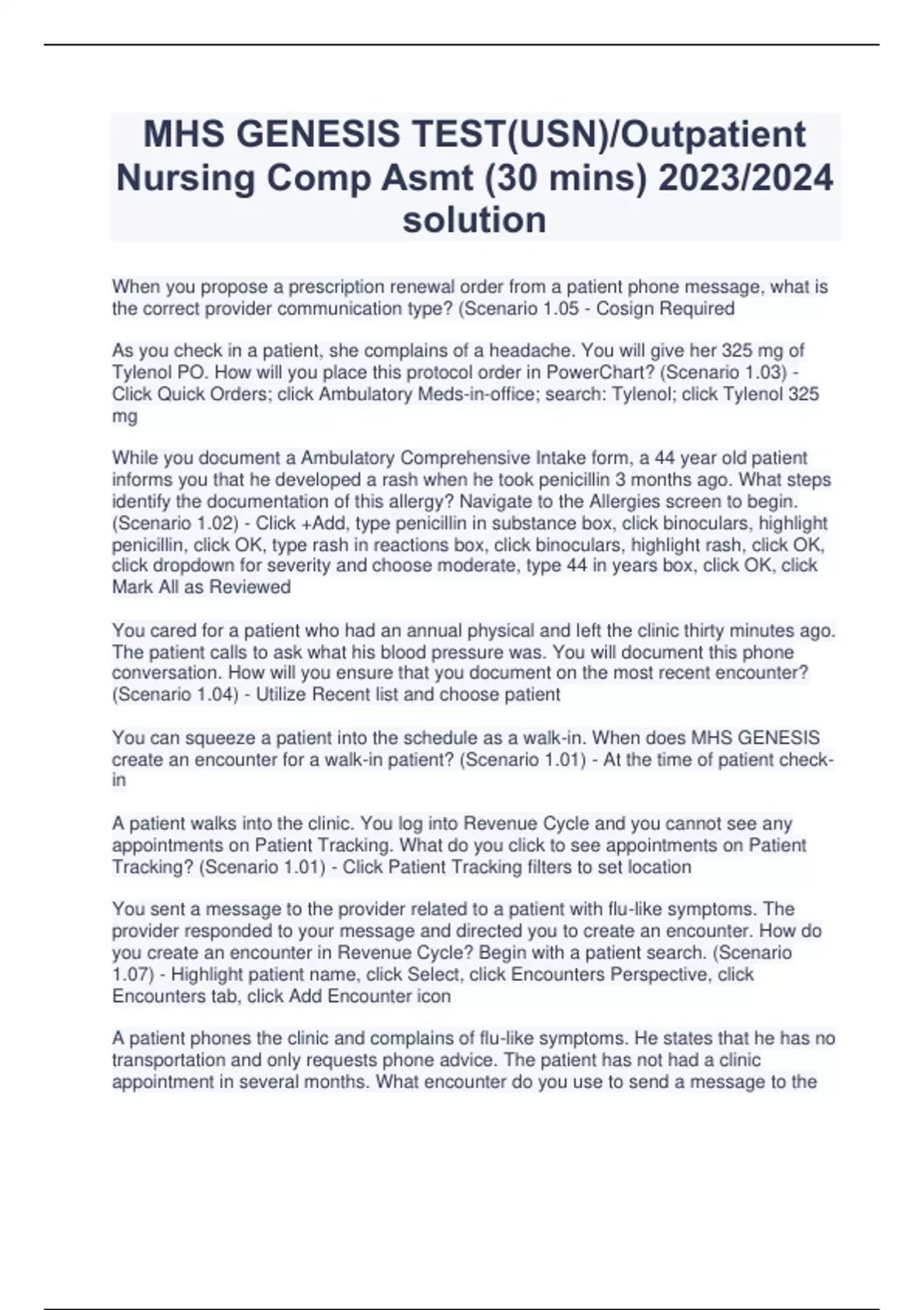 MHS GENESIS TEST(USN)/Outpatient Nursing Comp Asmt (30 mins) 2023/2024 ...