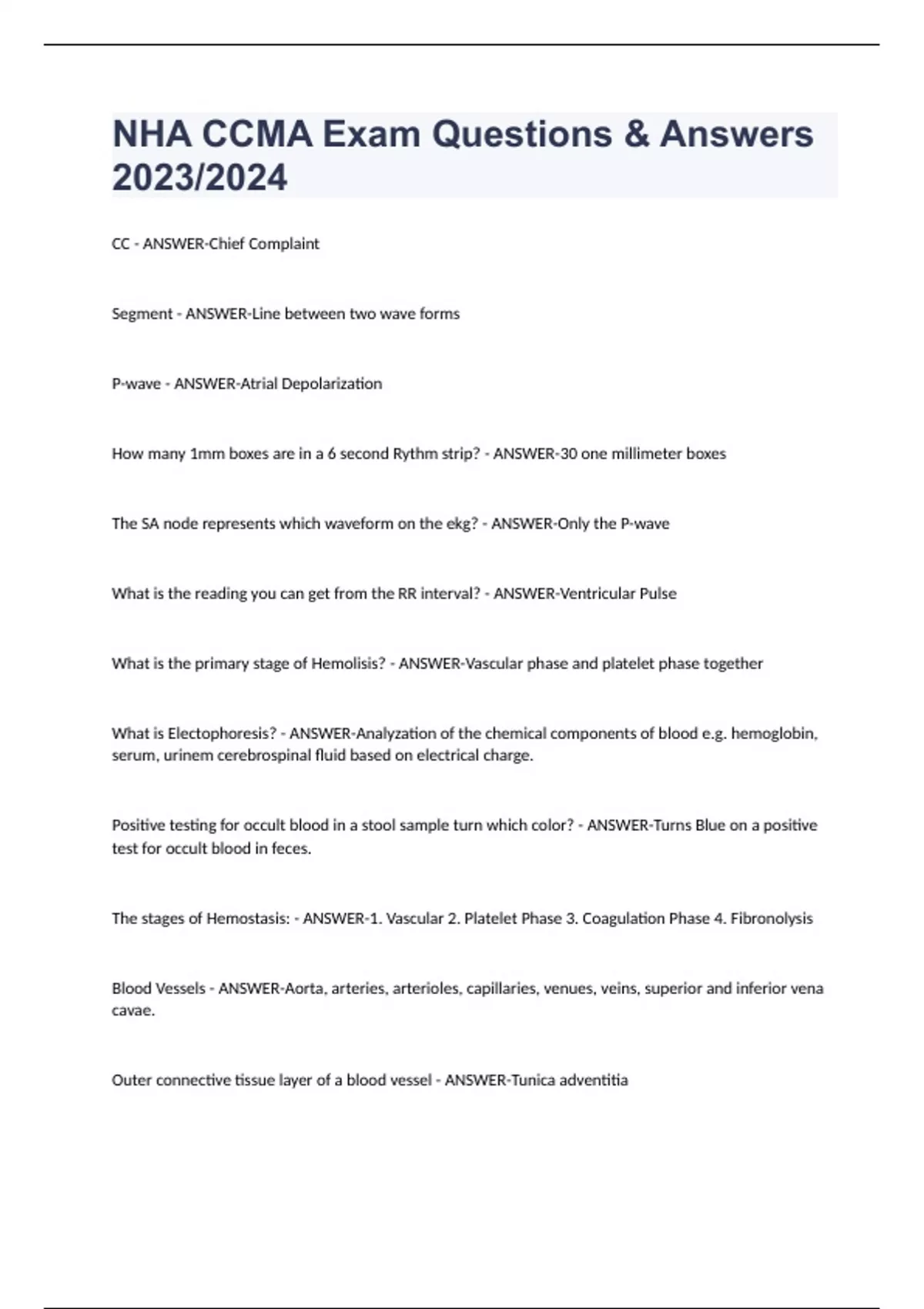 NHA CCMA Exam Questions & Answers 2023/2024 - NHA CCMA - Stuvia US