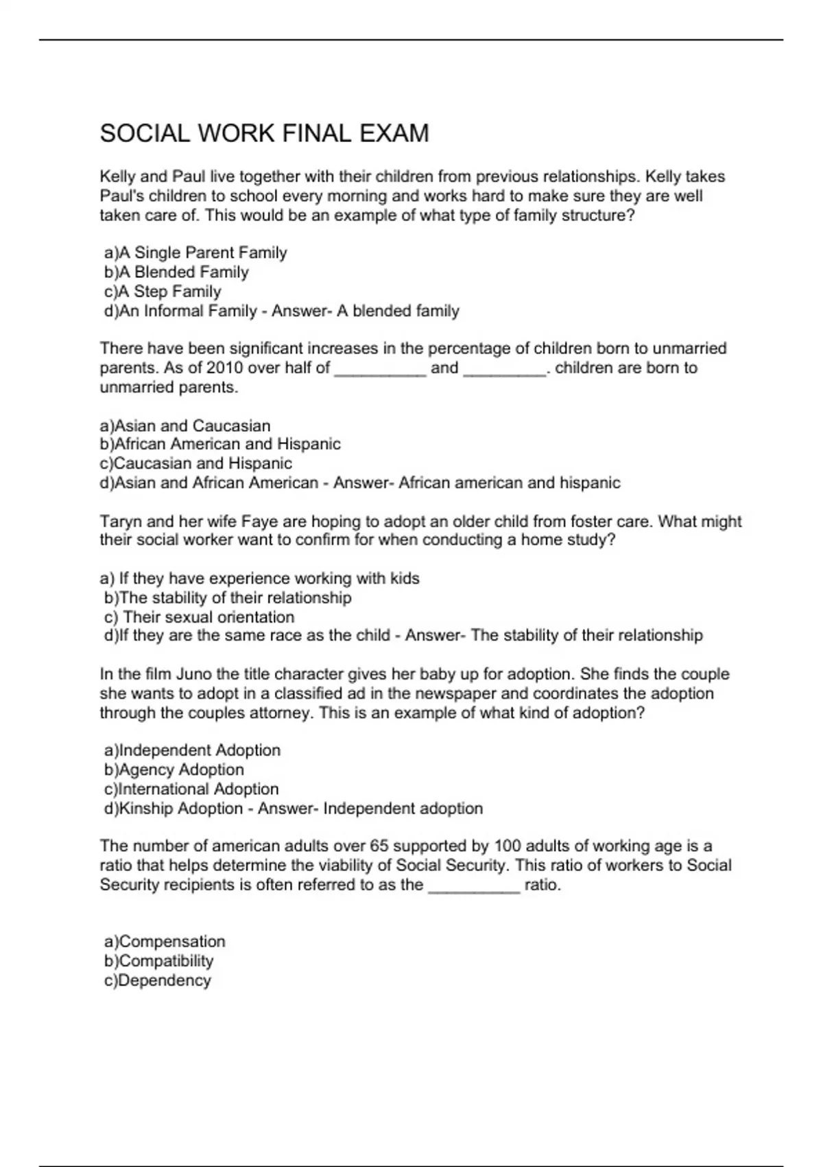 SOCIAL WORK FINAL EXAM - SOCIAL WORK - Stuvia US