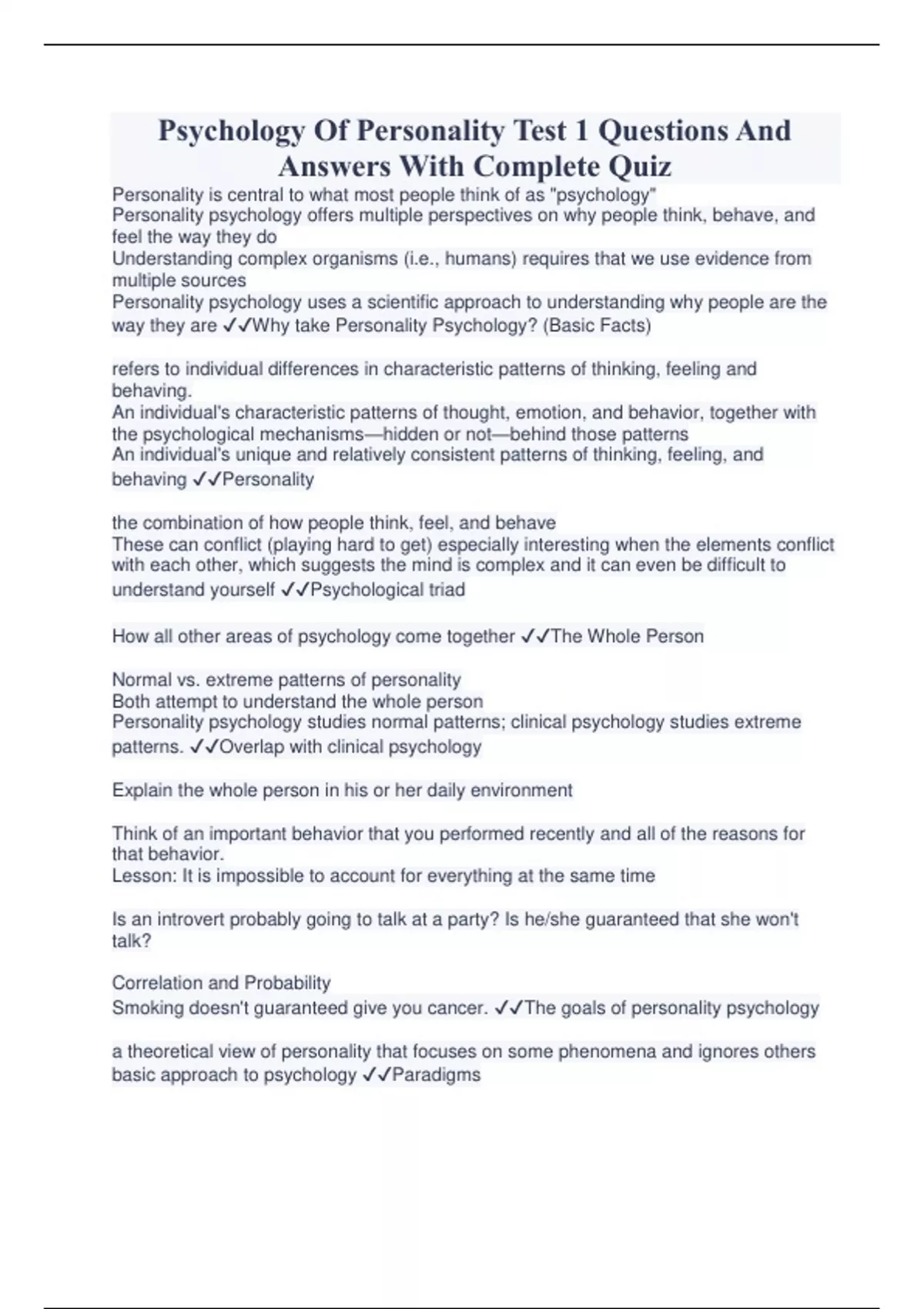 Psychology Of Personality Test 1 Questions And Answers With Complete ...