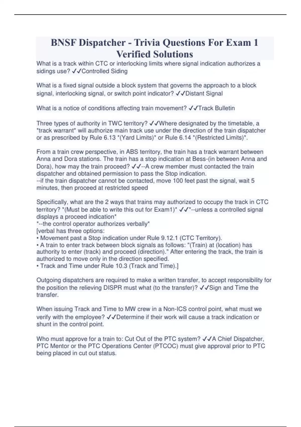 BNSF Dispatcher - Trivia Questions For Exam 1 Verified Solutions - BNSF ...