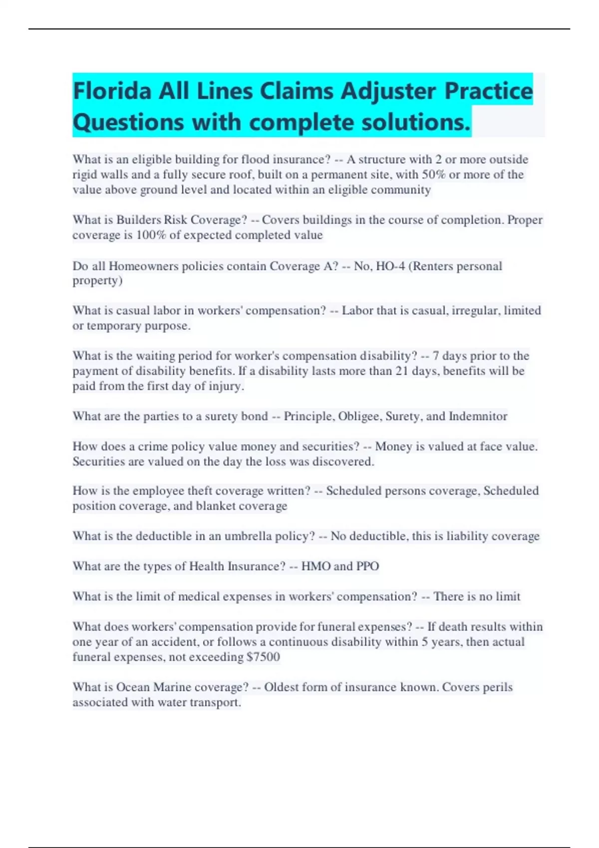Florida All Lines Claims Adjuster Practice Questions with complete ...