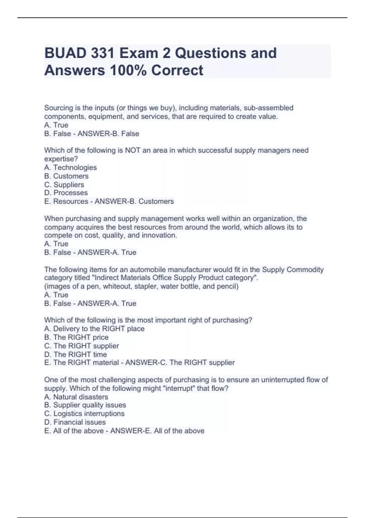 BUAD 331 Exam 2 Questions and Answers 100% Correct - BUAD 331 - Stuvia US