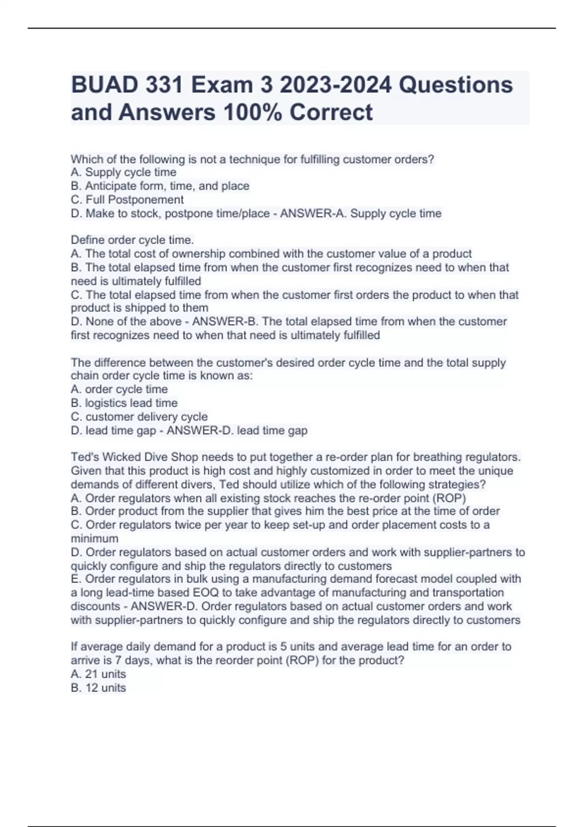 BUAD 331 Exam Questions and Answers 100% Correct - BUAD 331 - Stuvia US