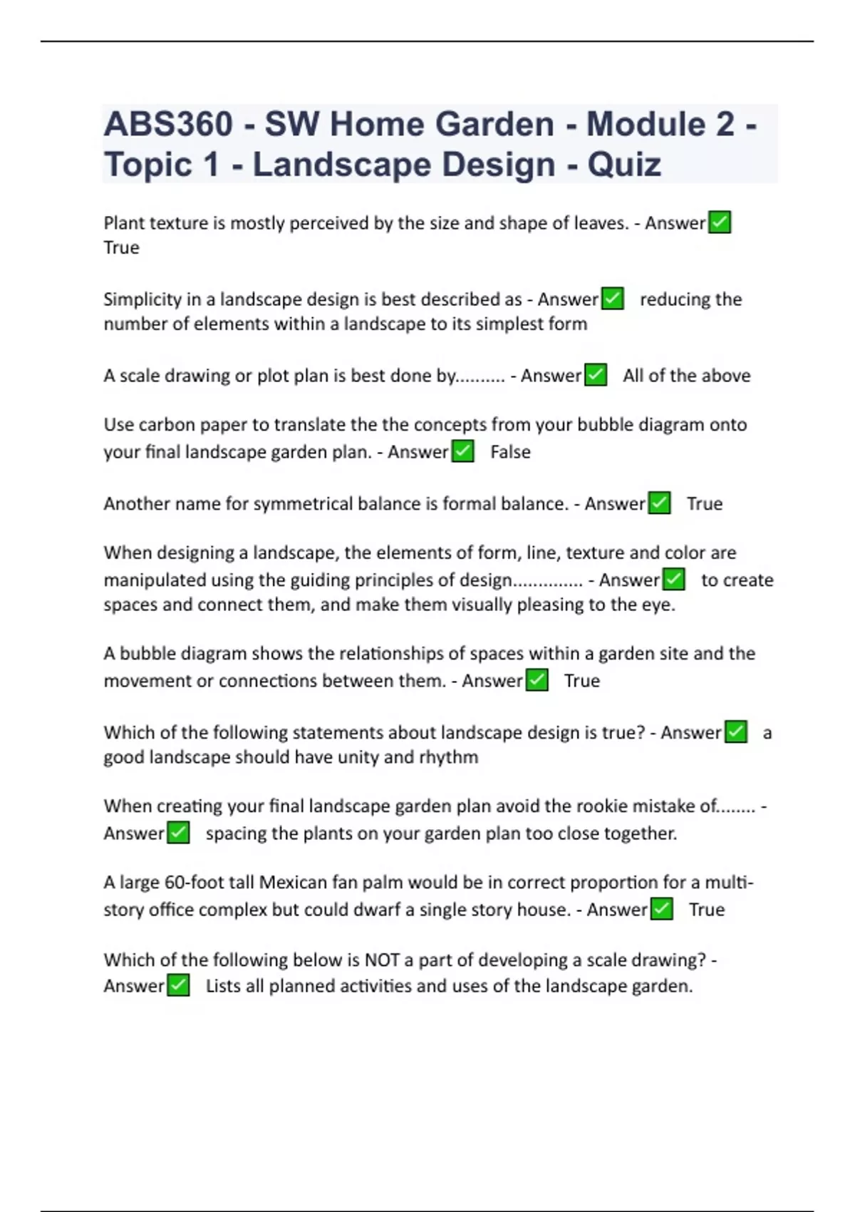 ABS360 - SW Home Garden - Module 2 - Topic 1 - Landscape Design - Quiz ...