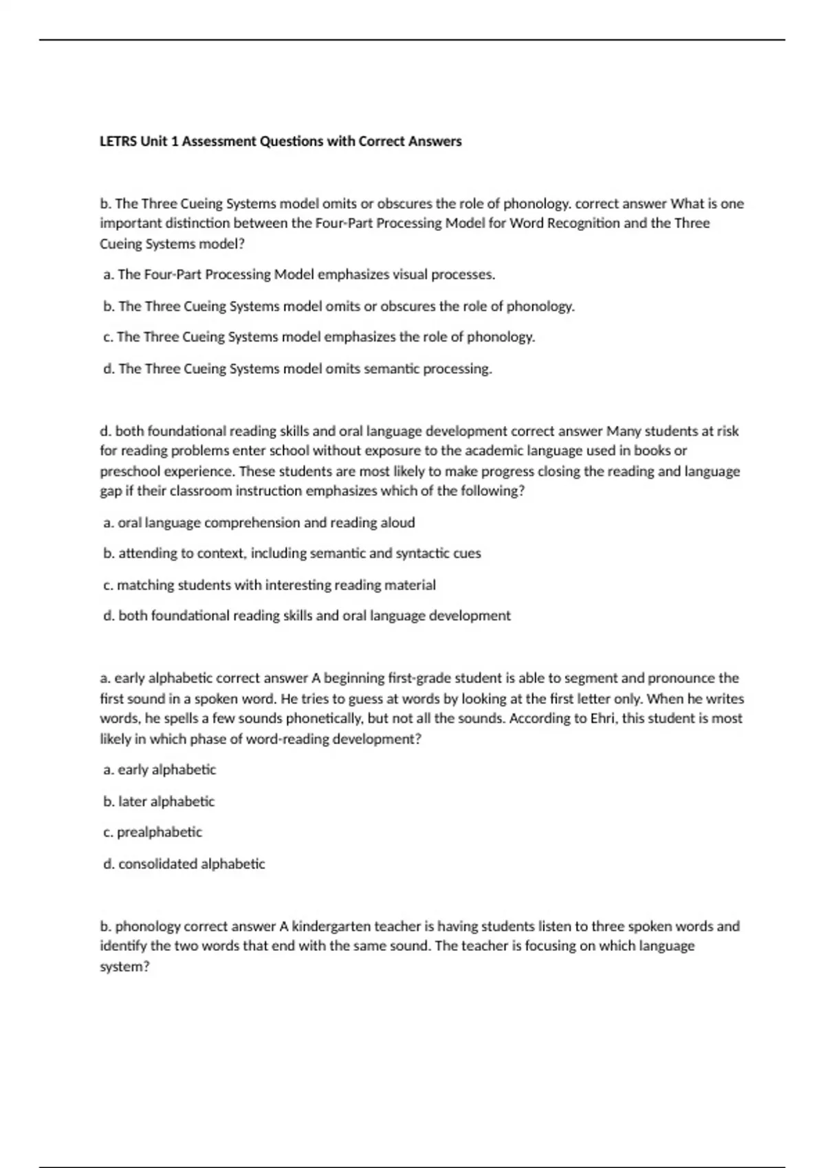 LETRS Unit 1 Assessment Questions with Correct Answers - LETRS Unit 1 ...