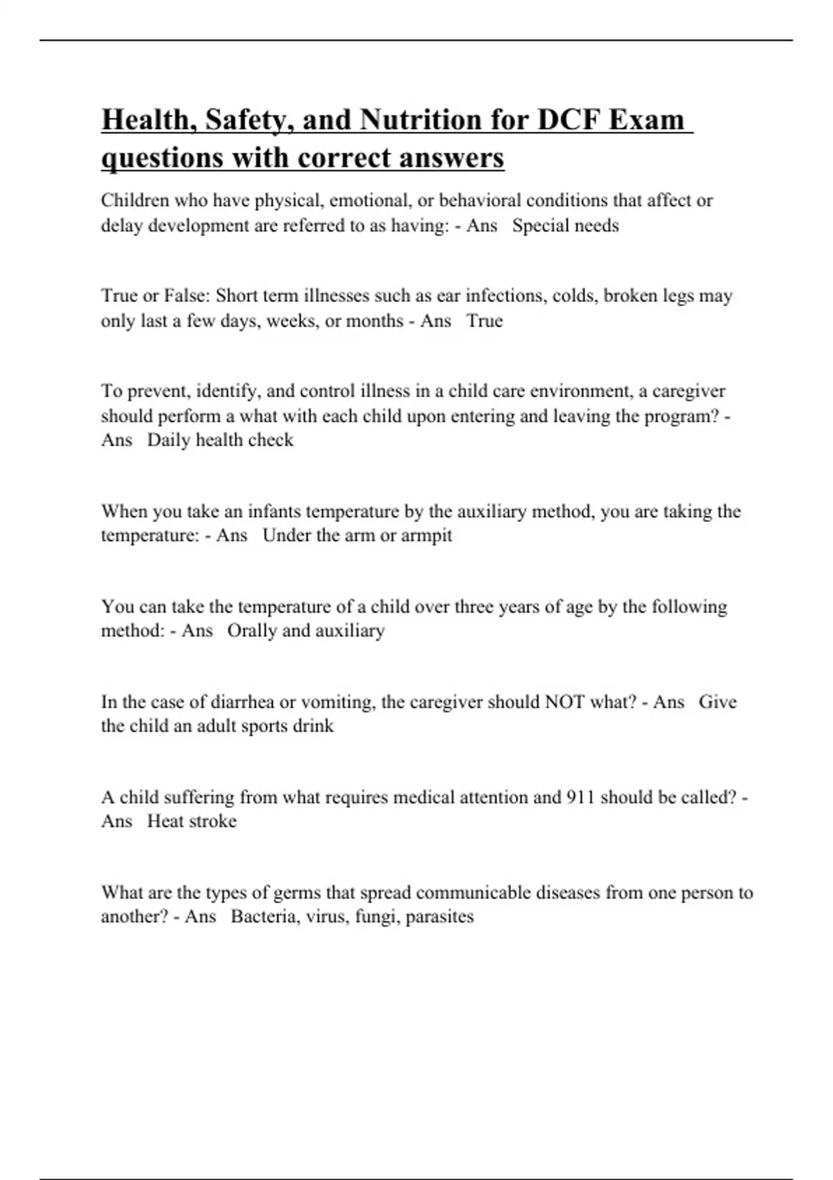 Health, Safety, and Nutrition for DCF Exam questions with correct ...