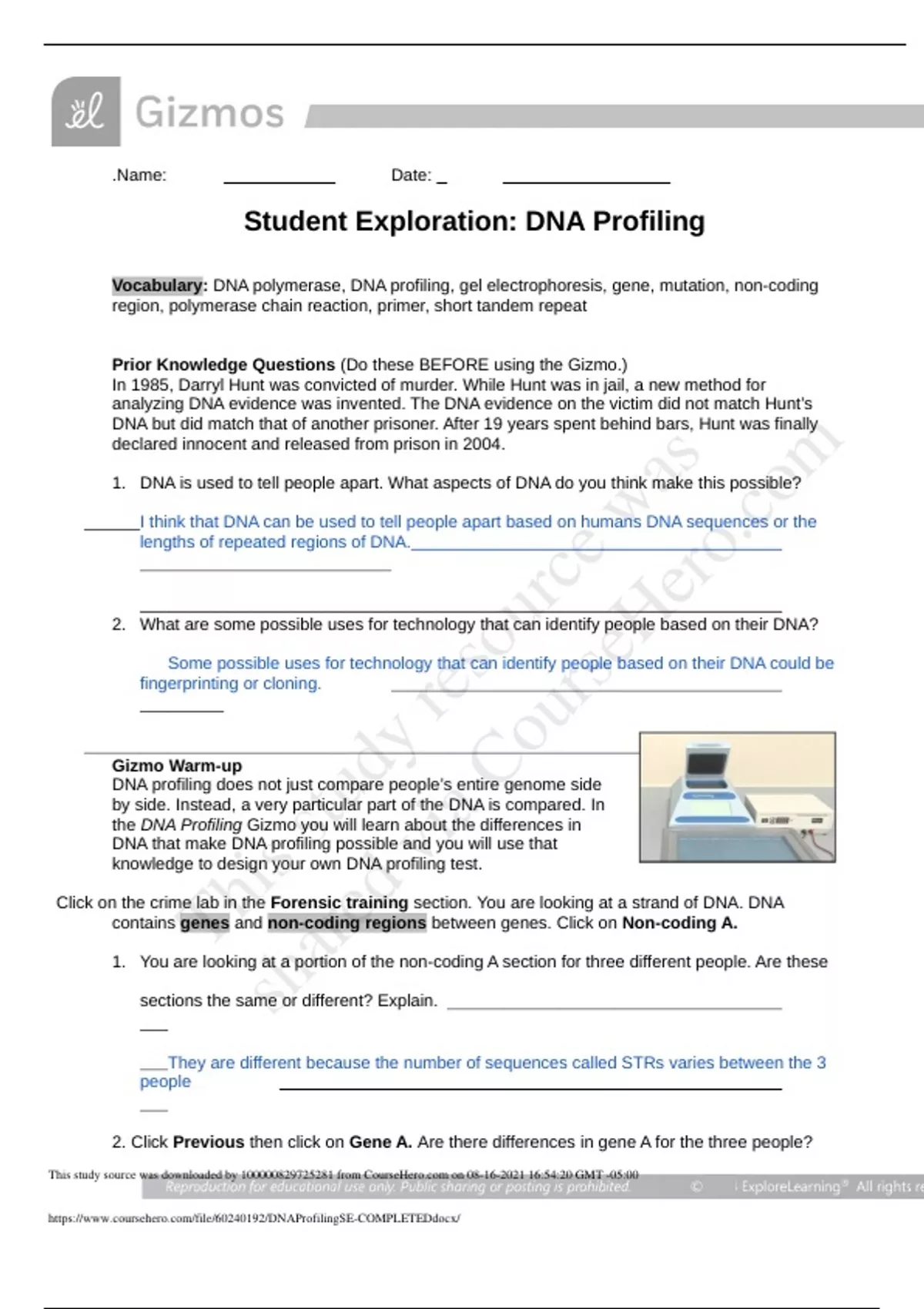 Student Exploration: DNA Profiling - GIZMO - Stuvia US