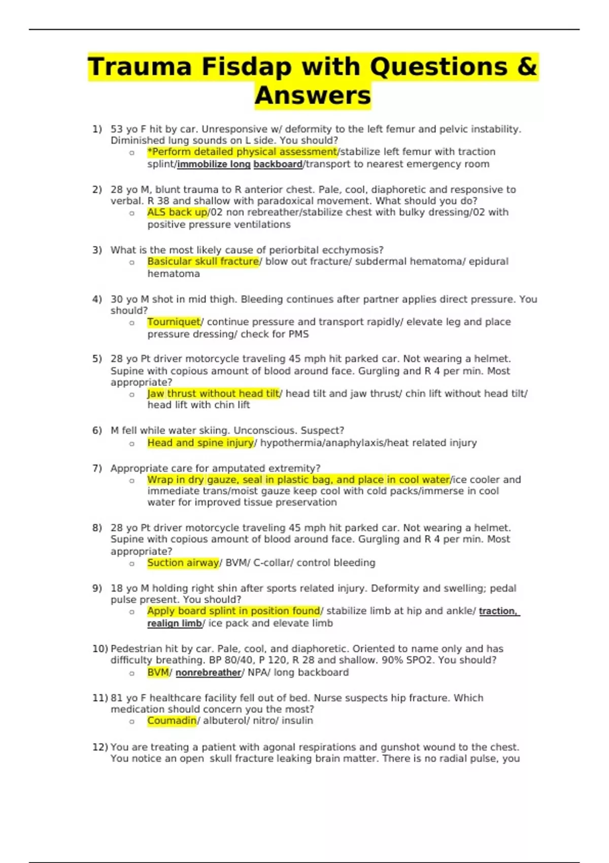 Trauma Fisdap with Questions & Answers 2025 - Trauma Fisdap - Stuvia US