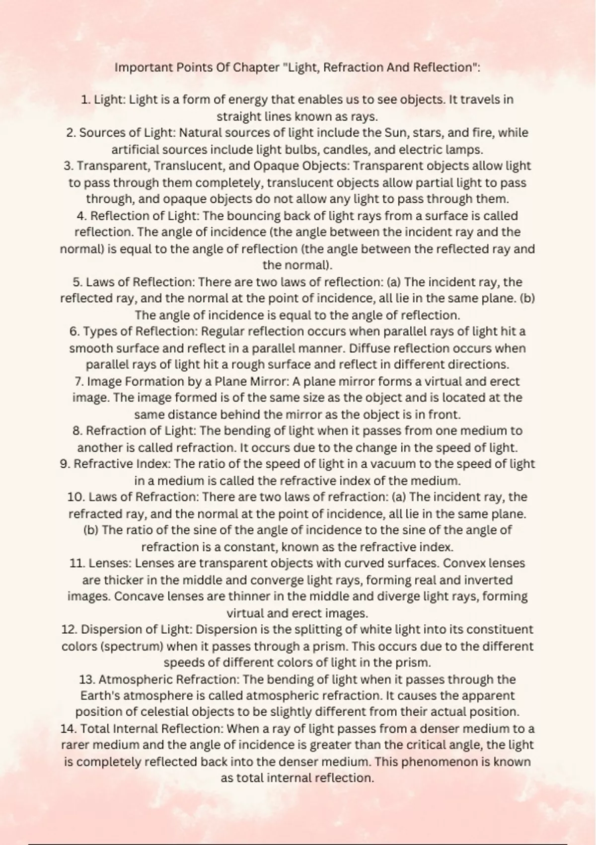 Summary Revision Notes Of Light, Refraction And Reflection For Class ...