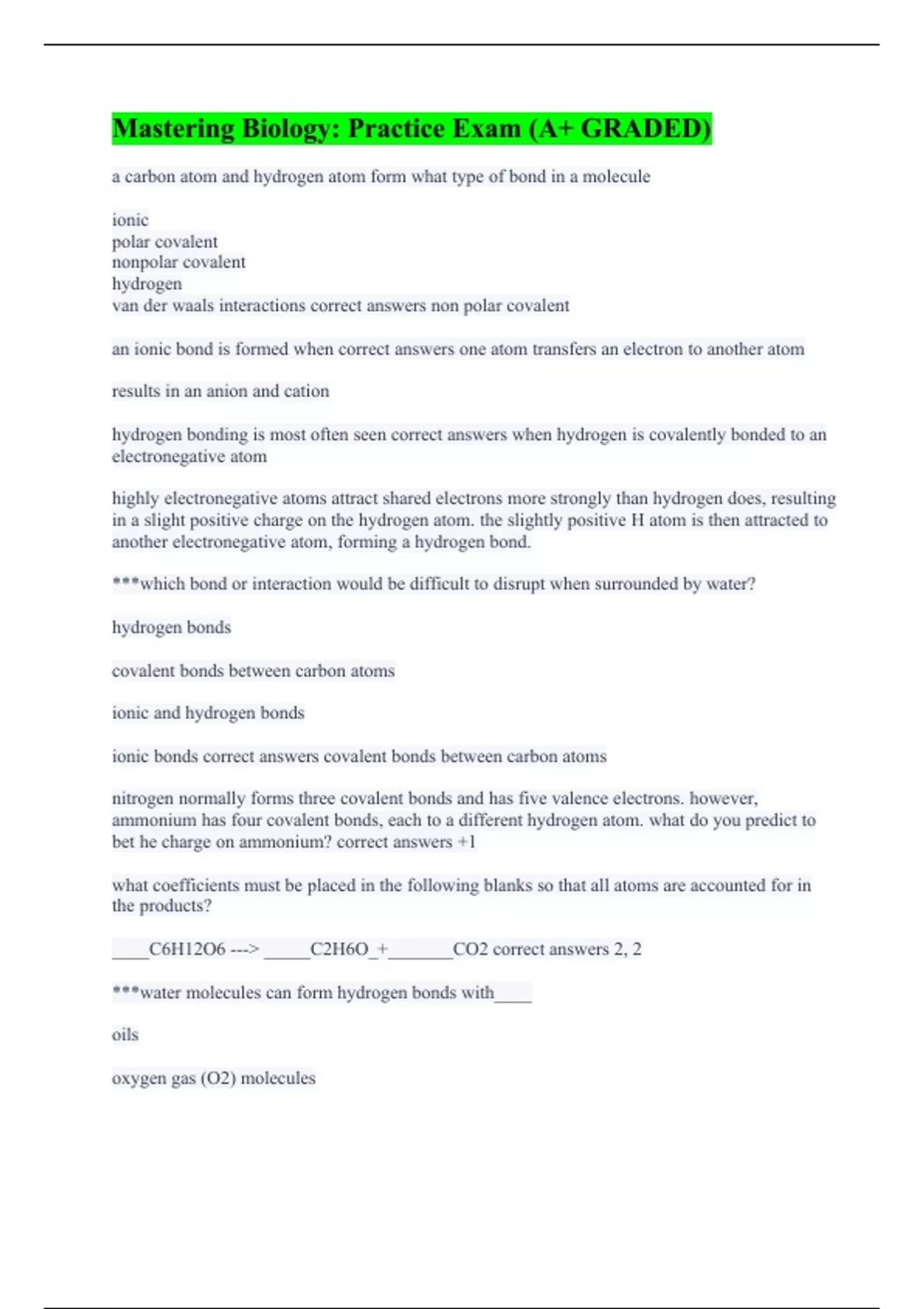 Mastering Biology: Practice Exam (A+ GRADED) - Mastering Biology ...