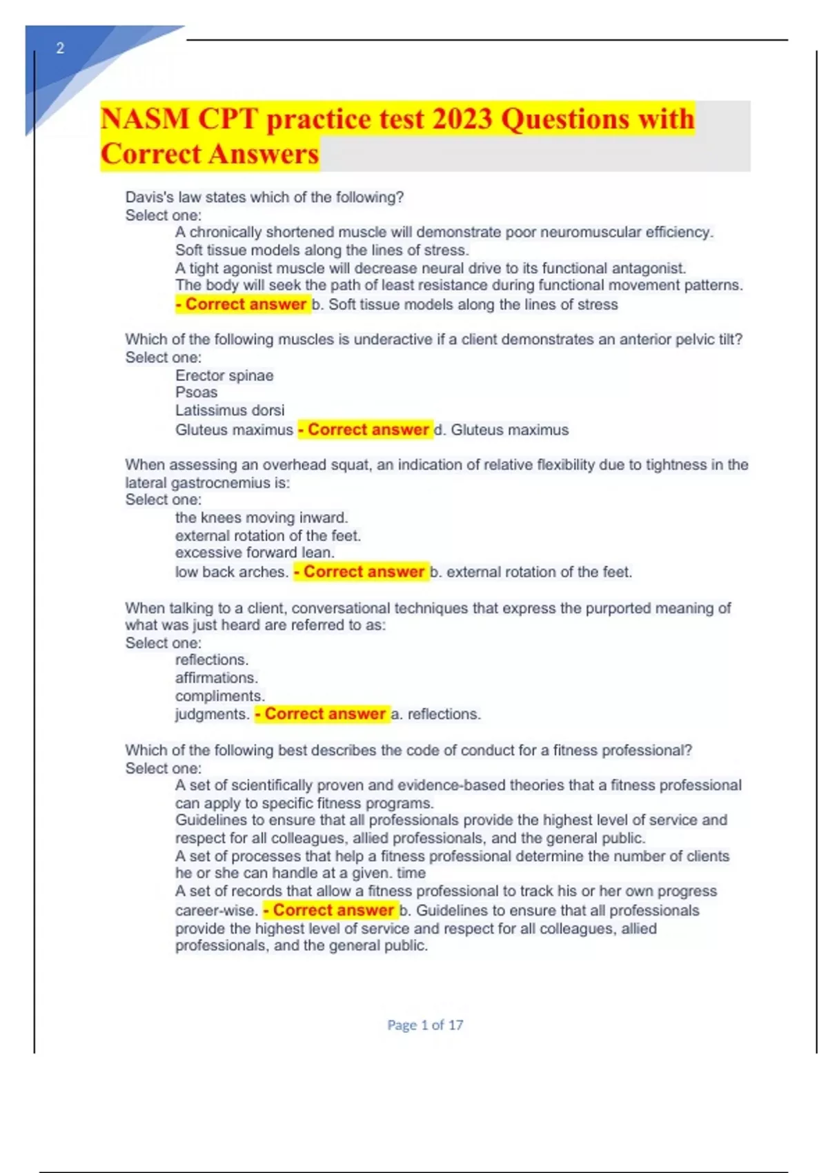 NASM CPT practice test 2023 Questions with Correct Answers - NASM CPT ...
