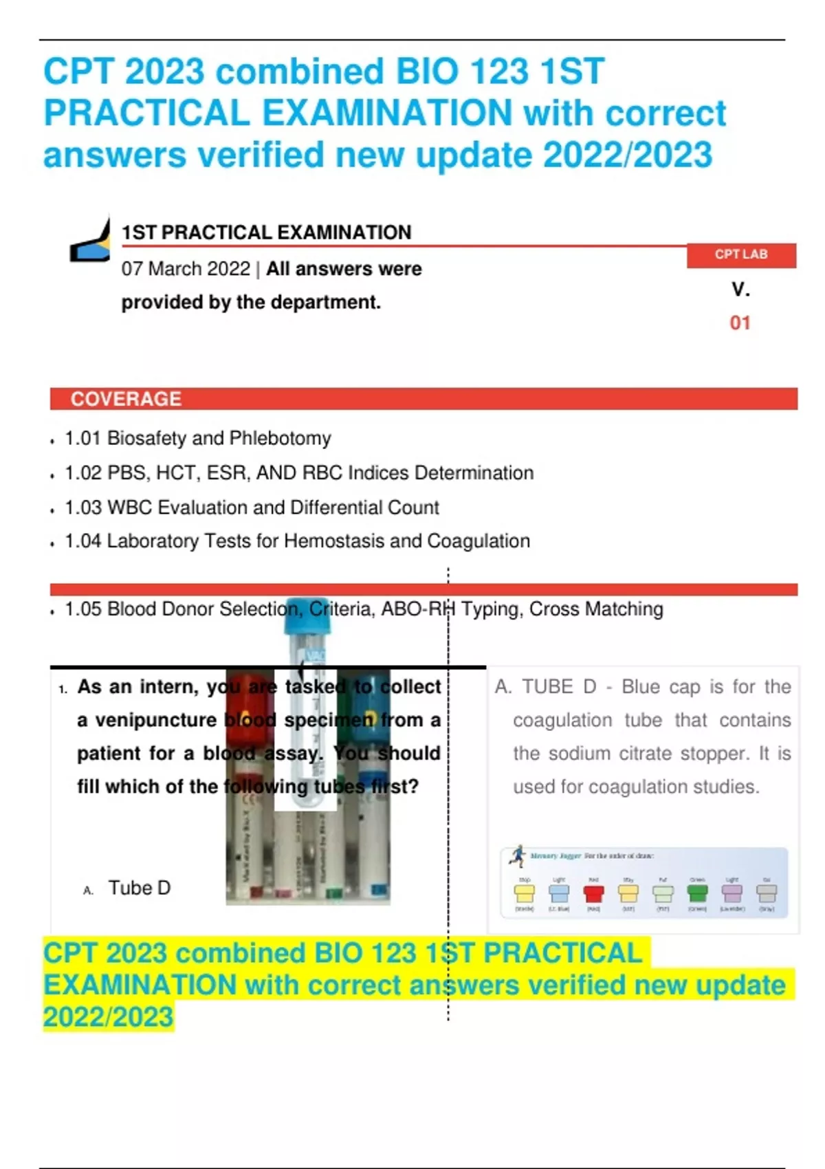 CPT 2023 combined BIO 123 1ST PRACTICAL EXAMINATION with correct ...