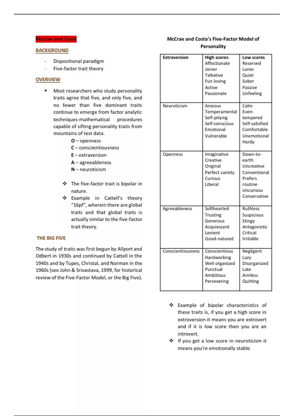 MCCRAE & COSTA Theories of Personality (Five-factor Model) Explained ...