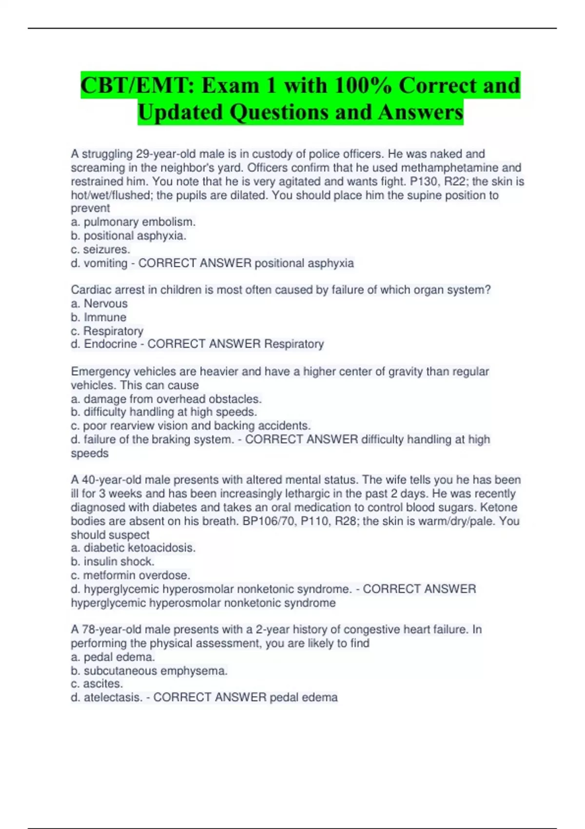 Cbt Emt Exam 1 With 100 Correct And Updated Questions And Answers Nremt Cbt Stuvia Us