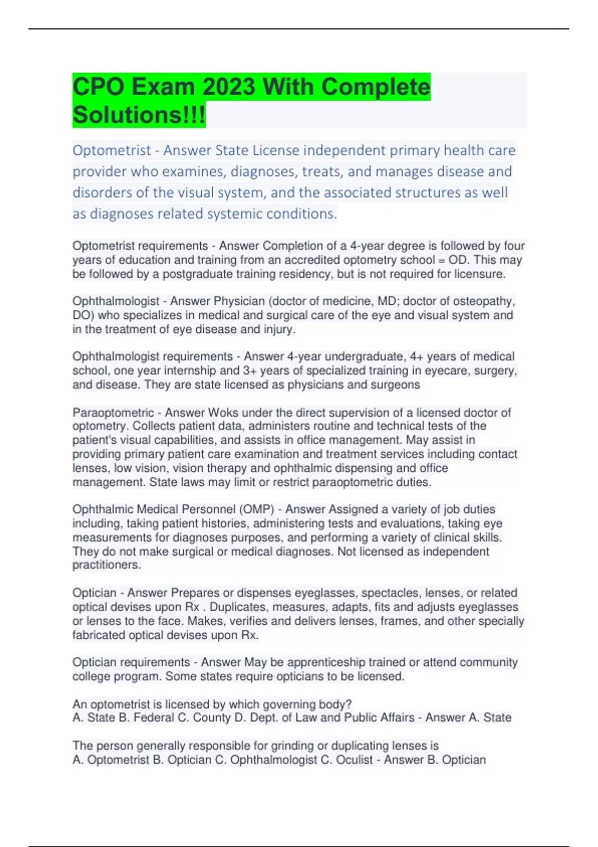CPO Exam 2023 With Complete Solutions!!! - CPO Exm 2023 - Stuvia US