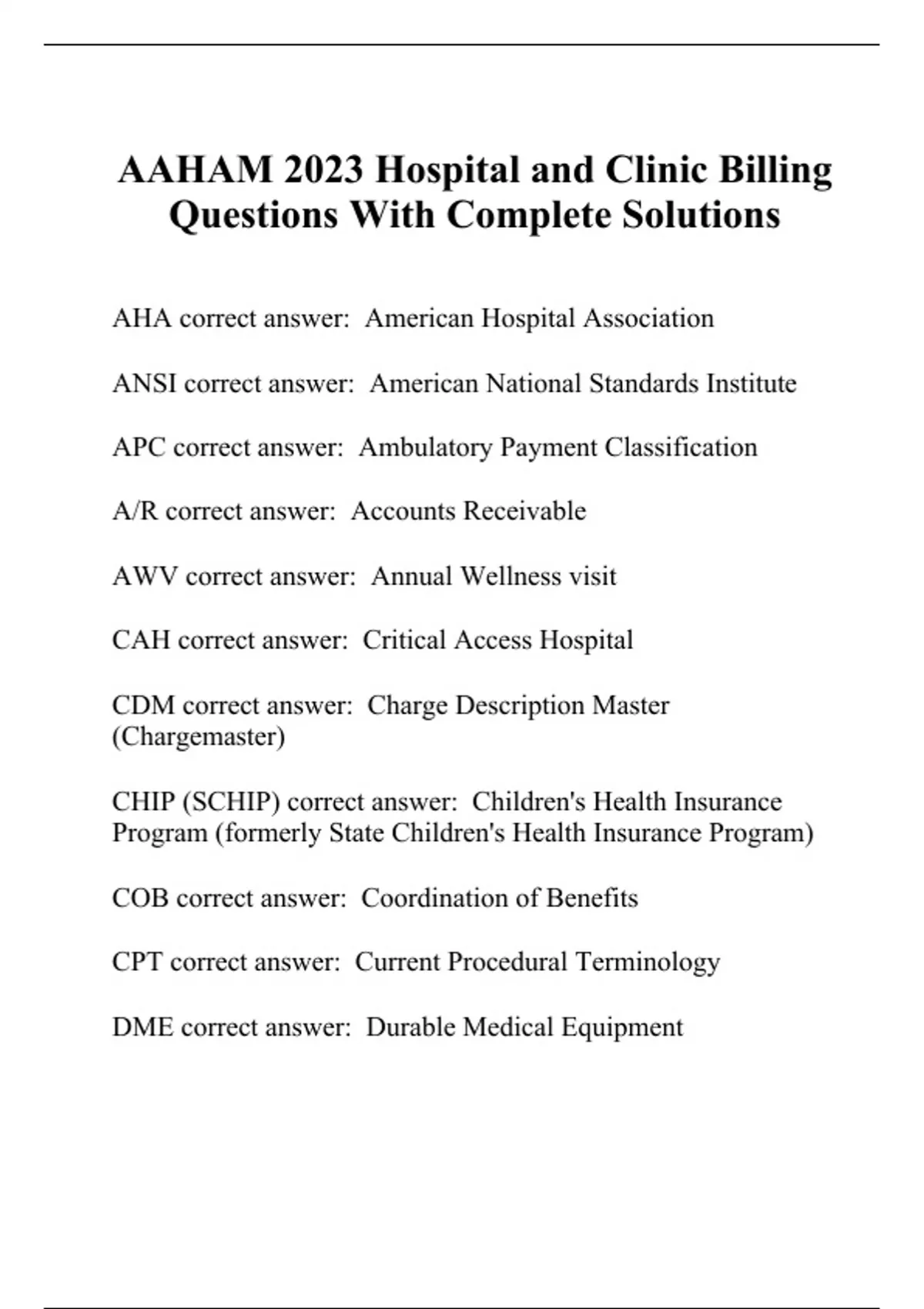 AAHAM 2023 Hospital and Clinic Billing Questions With Complete ...