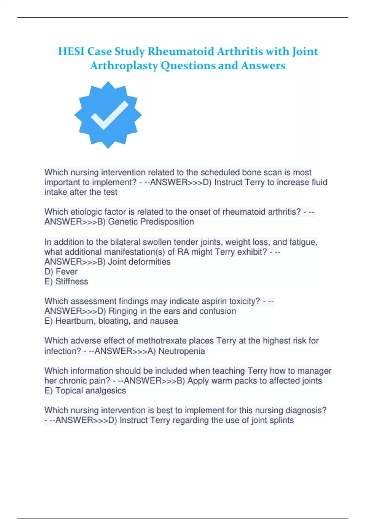 HESI Case Study Rheumatoid Arthritis with Joint Arthroplasty Questions ...