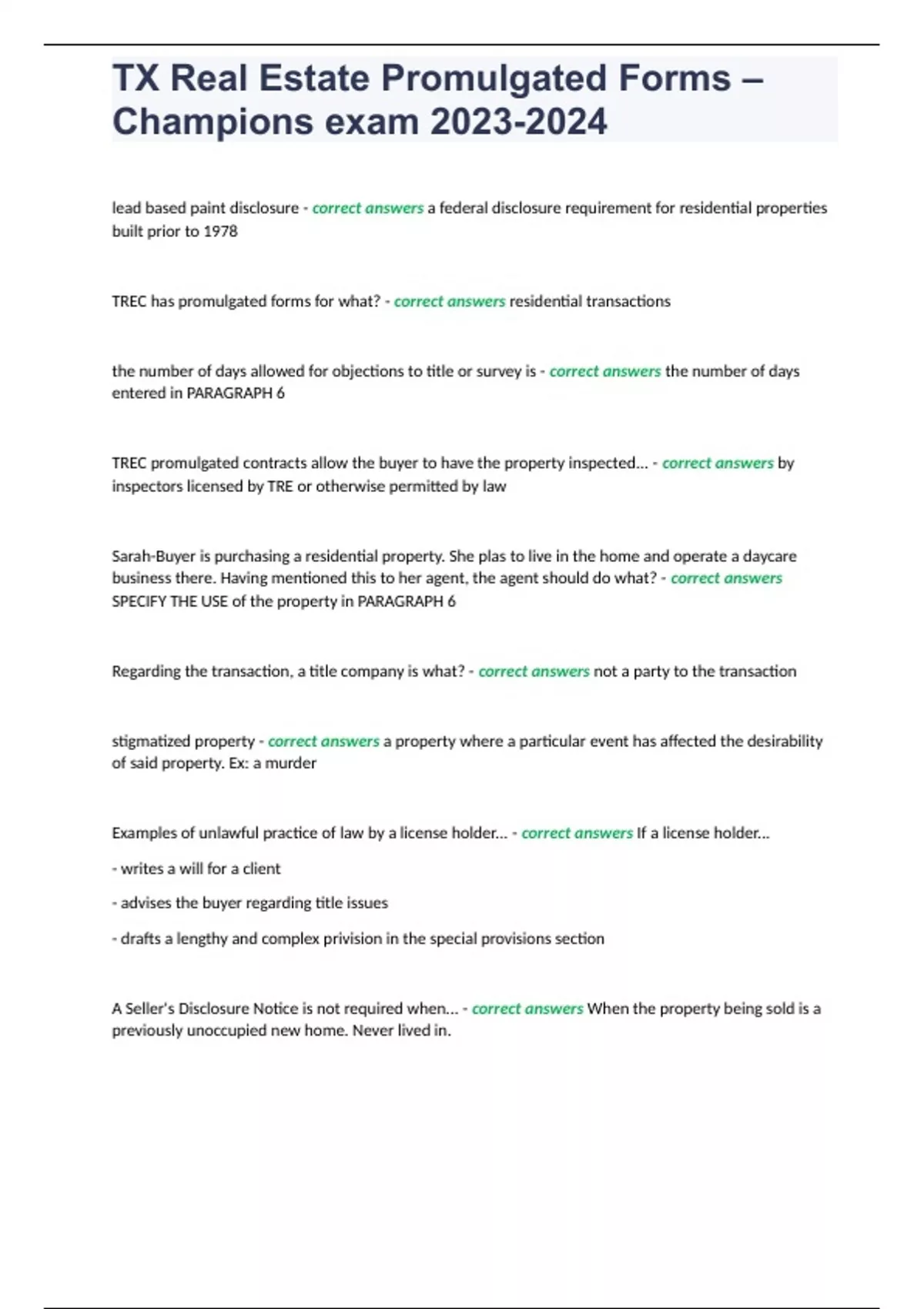 TX Real Estate Promulgated Forms – Champions exam - TX Real Estate ...