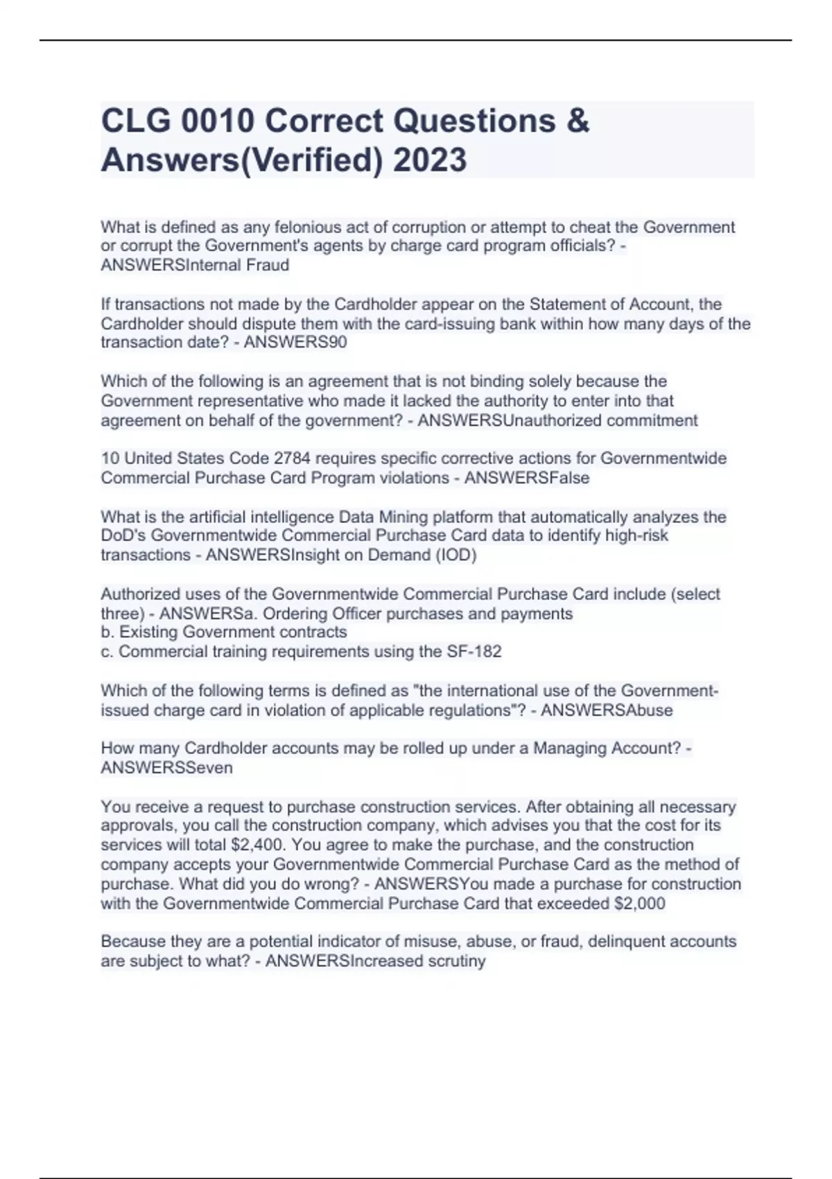 CLG 0010 Correct Questions & Answers(Verified) 2023 - CLG 001 ...